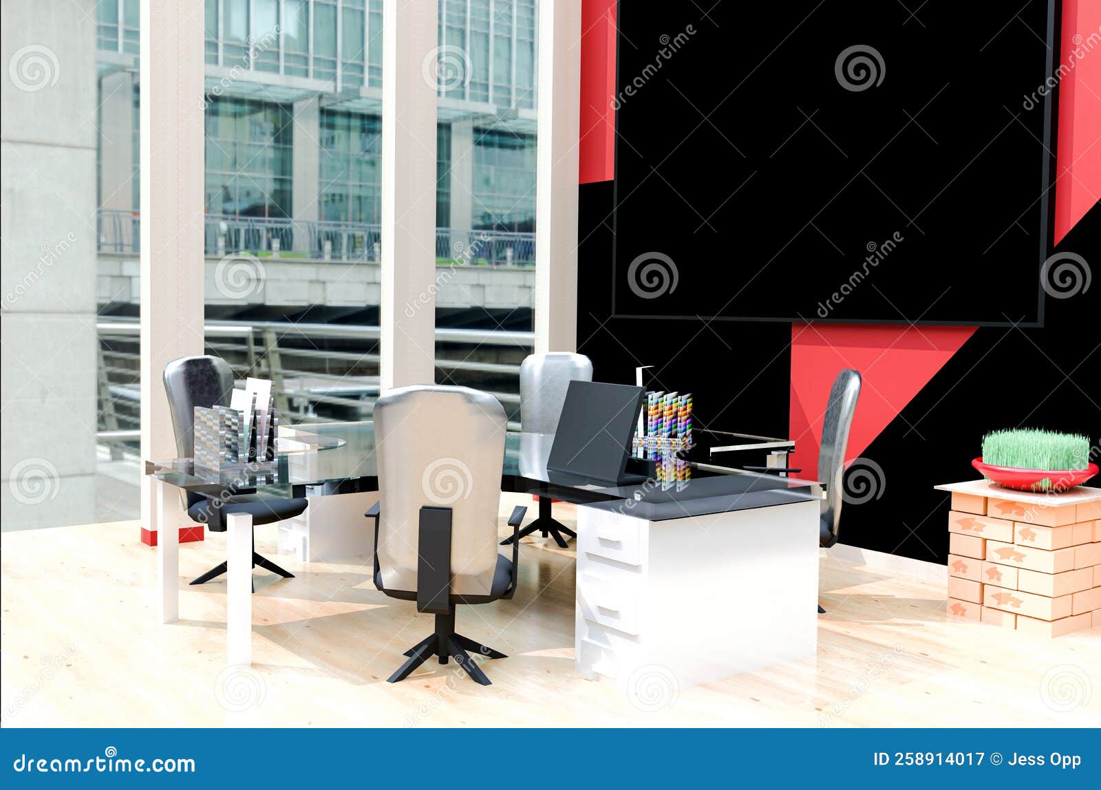 Work Office Interior with Screen for Teleconference and Teleworking ...