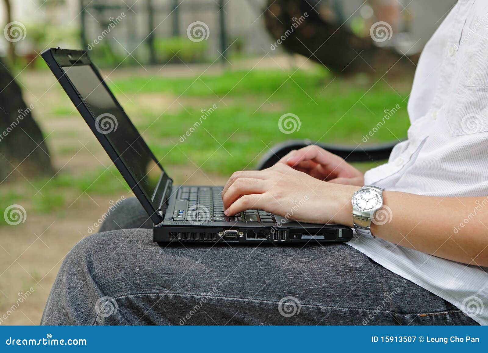 Work outdoor with computer stock image. Image of mirror - 15913507