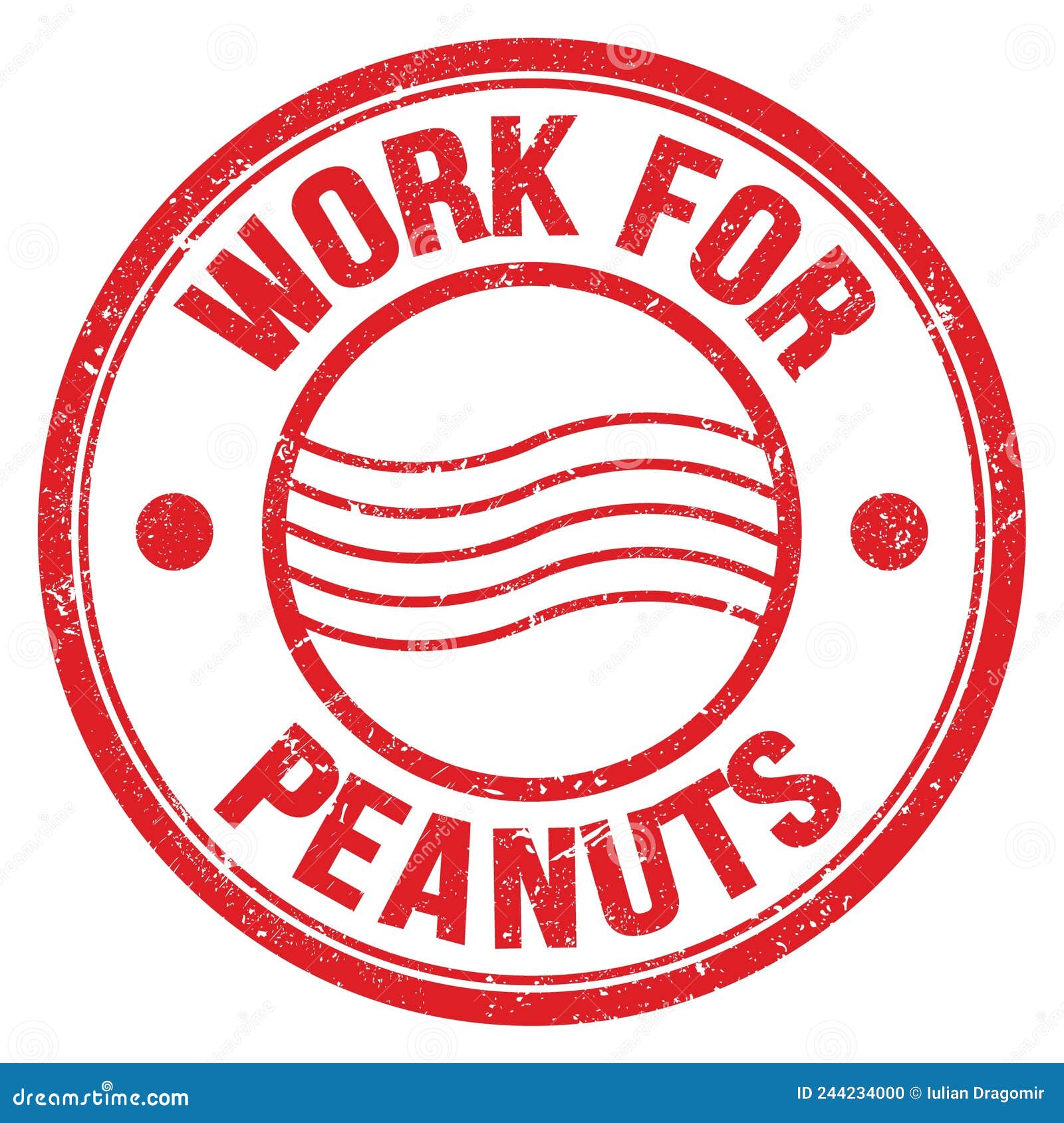 WORK for PEANUTS Text on Red Round Postal Stamp Sign Stock Illustration ...