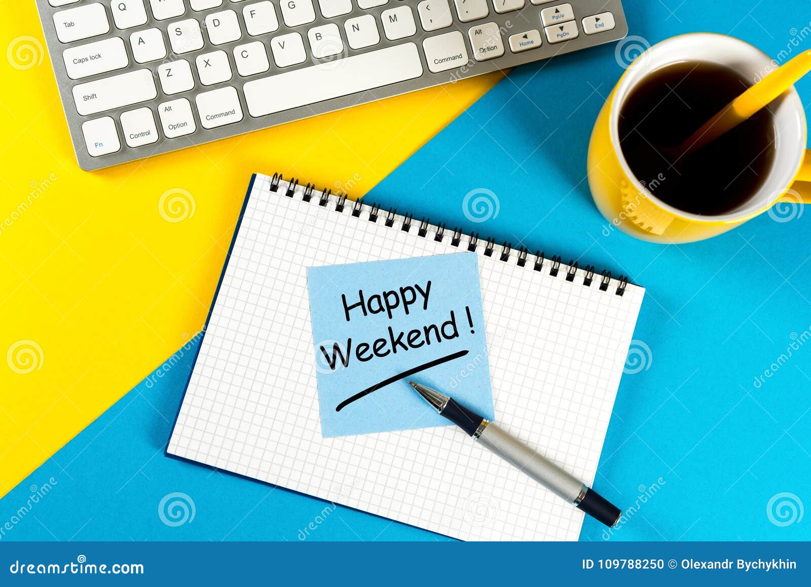 Work Place Concept - Office Desk with Notes about Happy Weekend with ...
