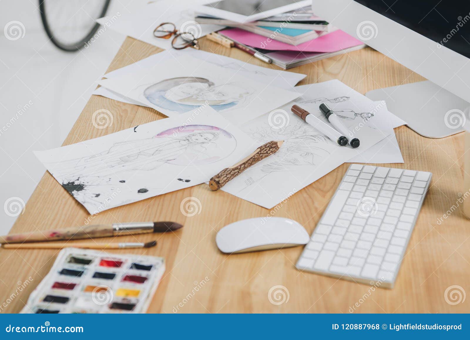 Work Place of Designer with Drawings Stock Photo - Image of view ...