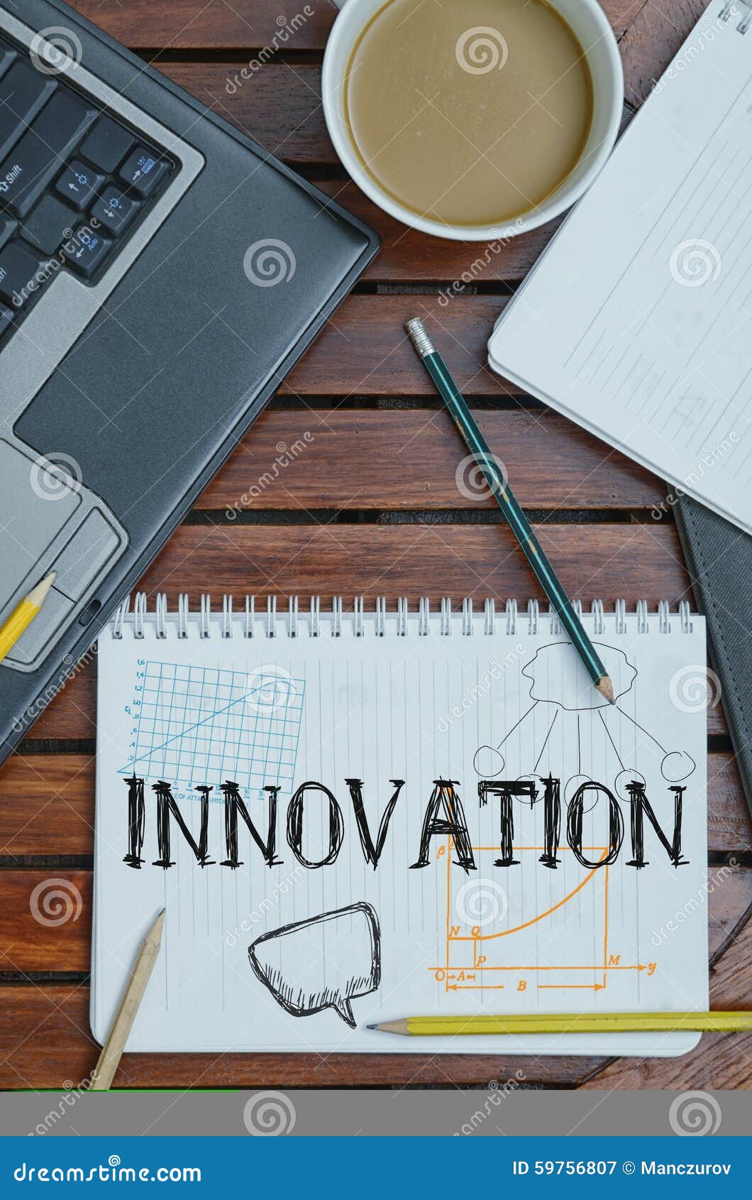 Work Place with Notebook with Note about: Innovation Stock Image ...