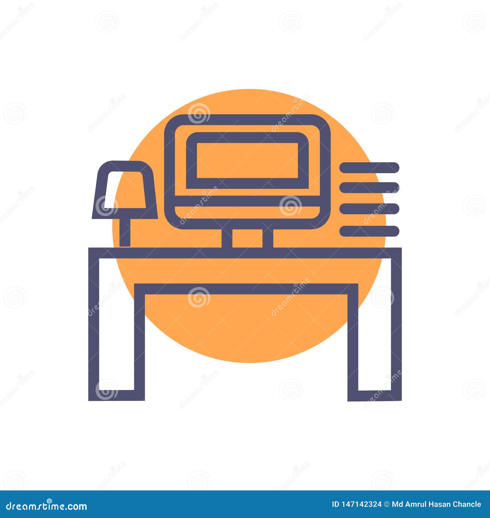 Work Place or Office Work Icon. Vector Icon with Computer Table Lamp ...