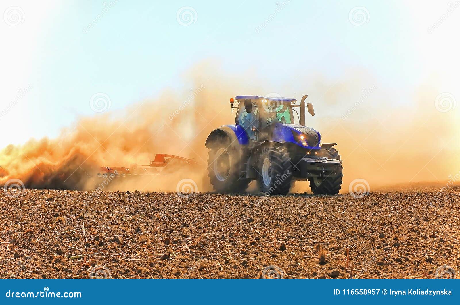 Work of a Powerful Tractor in Field Cultivation and Cultivation. Stock ...