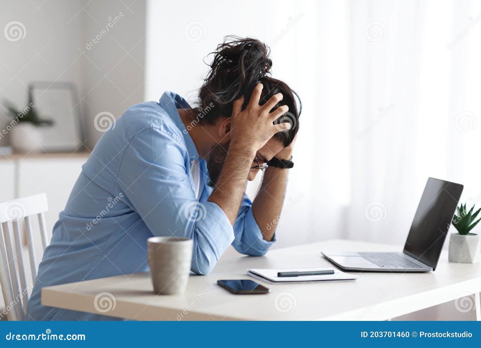 Work Problems. Millennial Freelancer Guy Siting at Desk and Touching ...