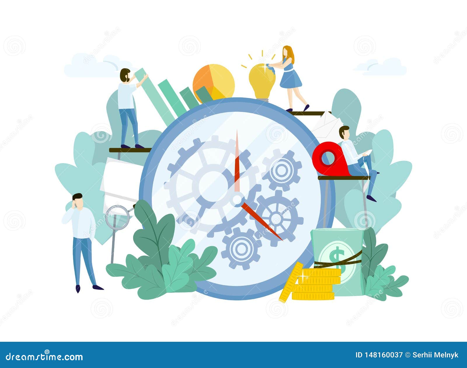 Work Process With People, Huge Clock And Gears. Cartoon Vector ...