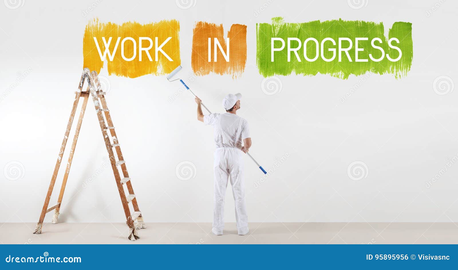 Work in Progress Concept, Painter Man with Paint Roller, Isolated Stock ...