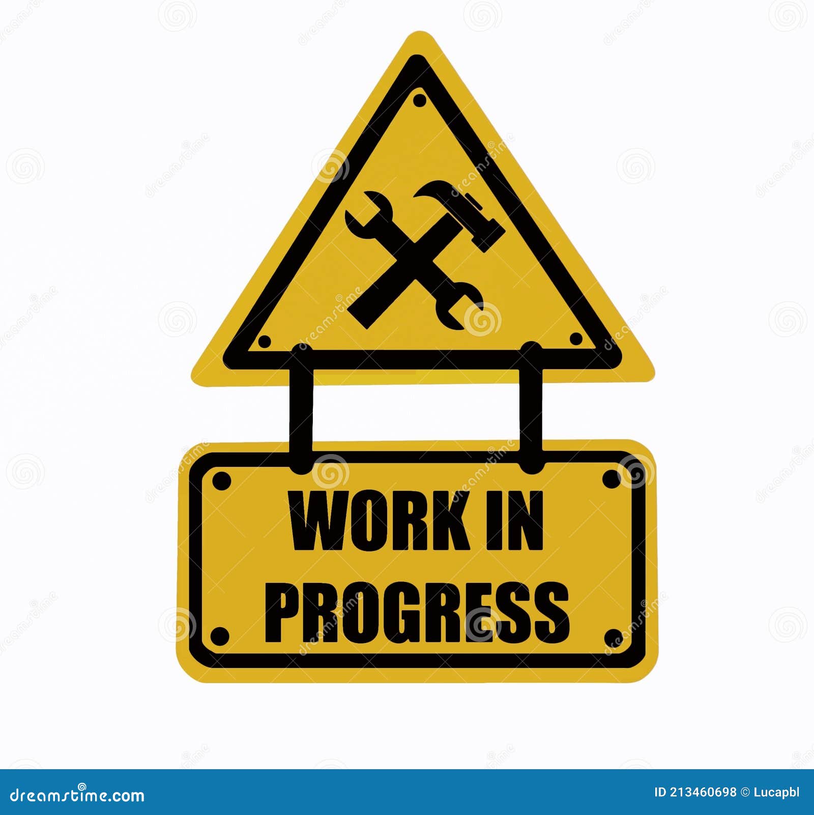 Work in Progress Sign with Wrench and Hammer in a Yellow Triangle Text ...