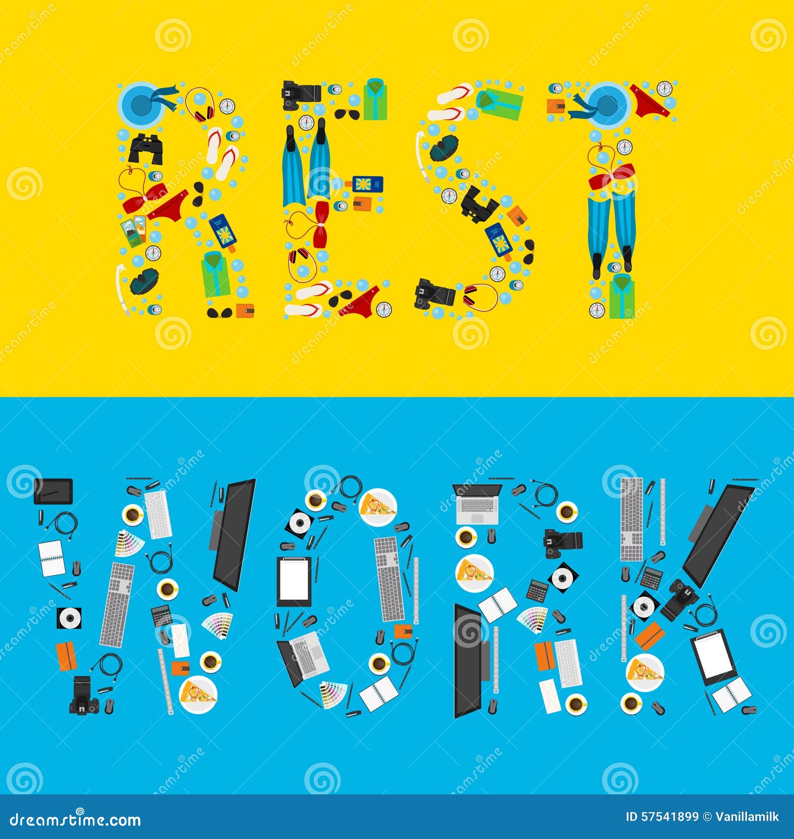 Work and Rest Objects Arranged in Form of Words. Stock Vector ...