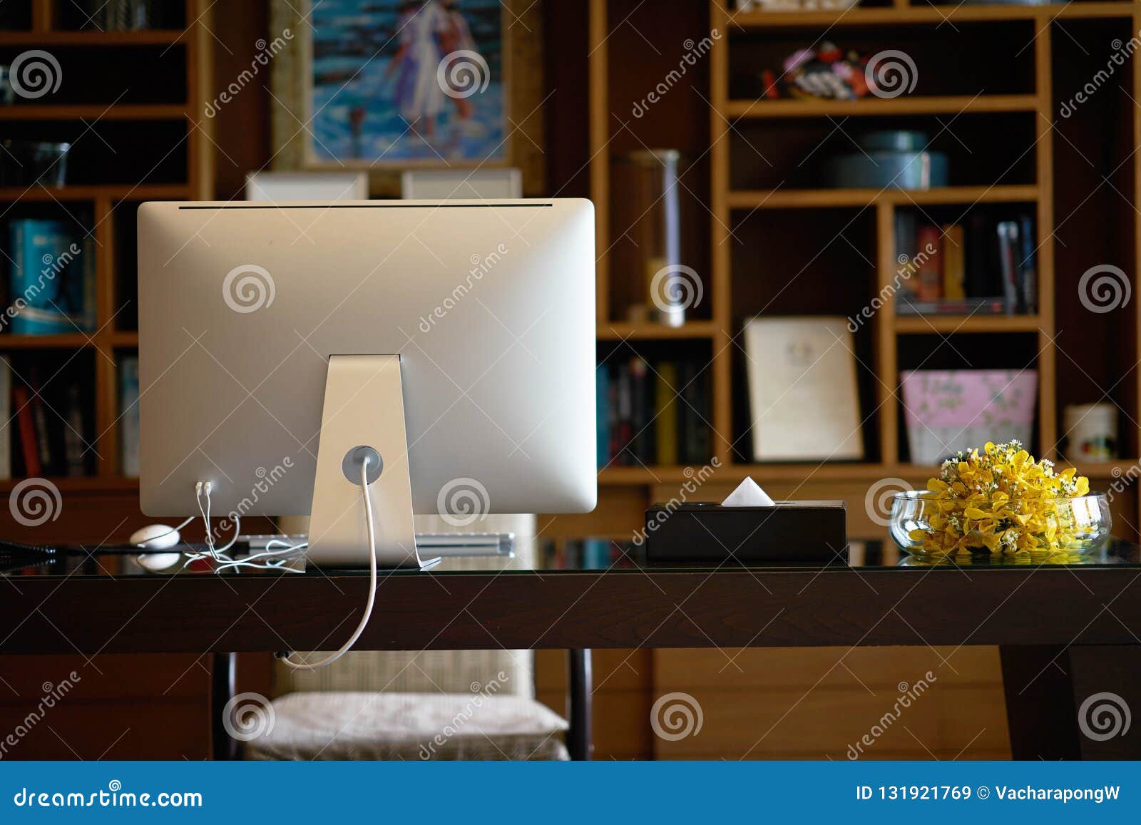 Work Room with Table and Behind View of Computer Desktop Stock Image ...