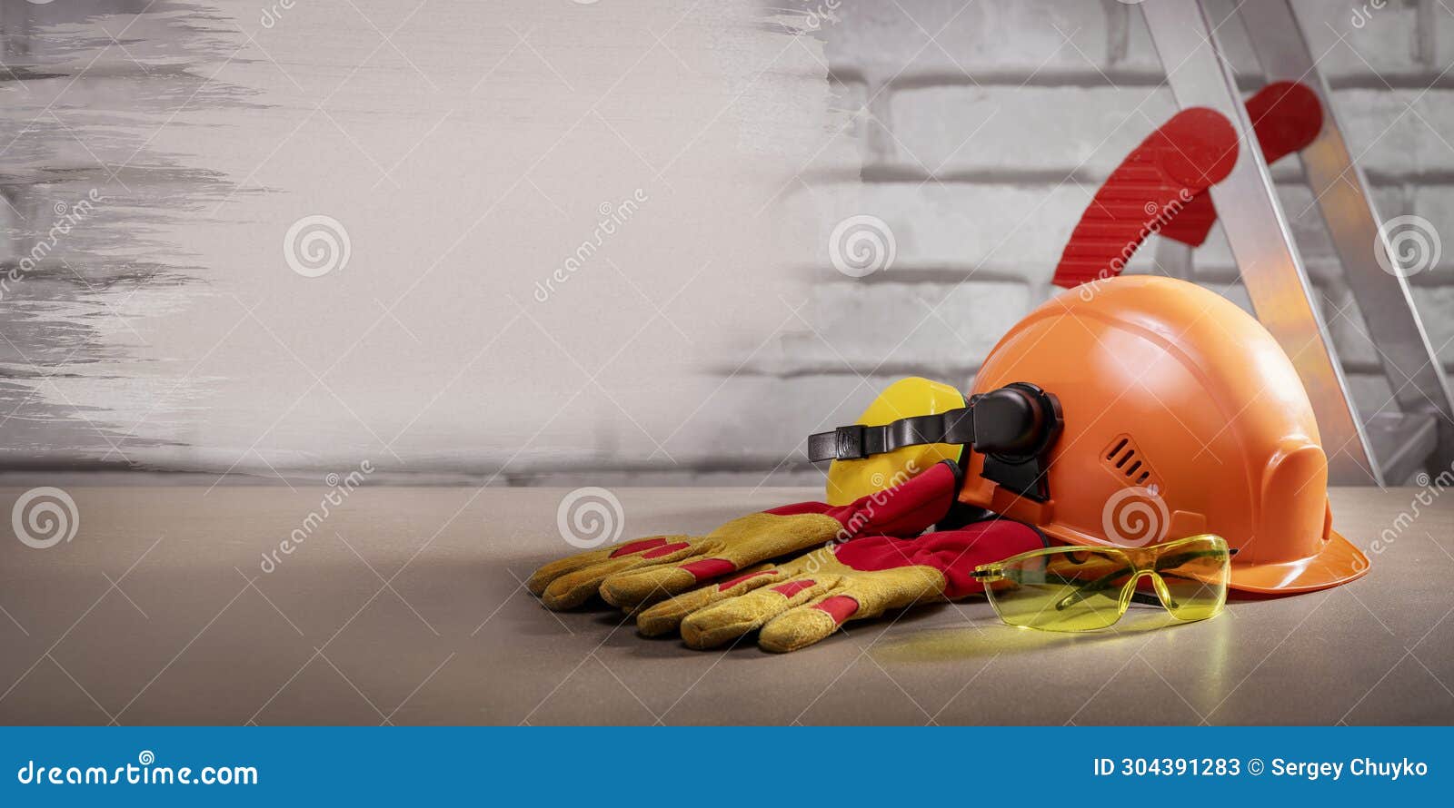 Work Safety Banner. Work Safety Protection Equipment on Brick Wall ...