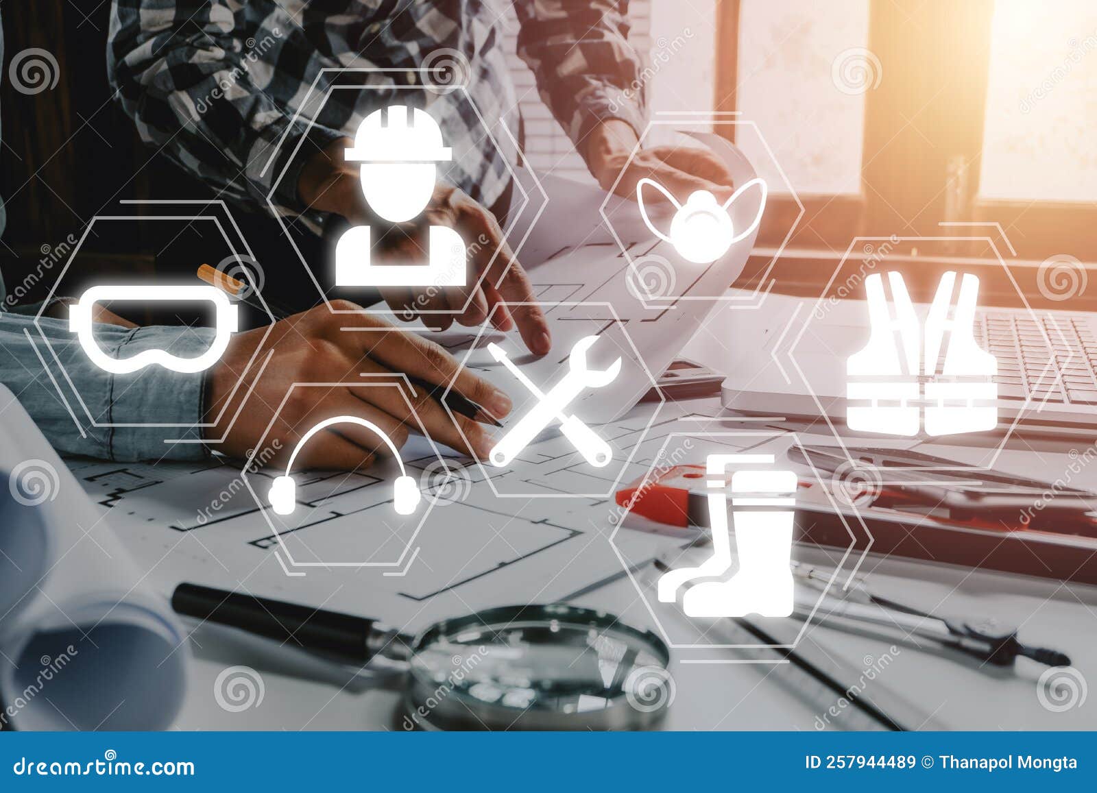 Work Safety Concept, Construction Team Worker Working in Office with VR ...