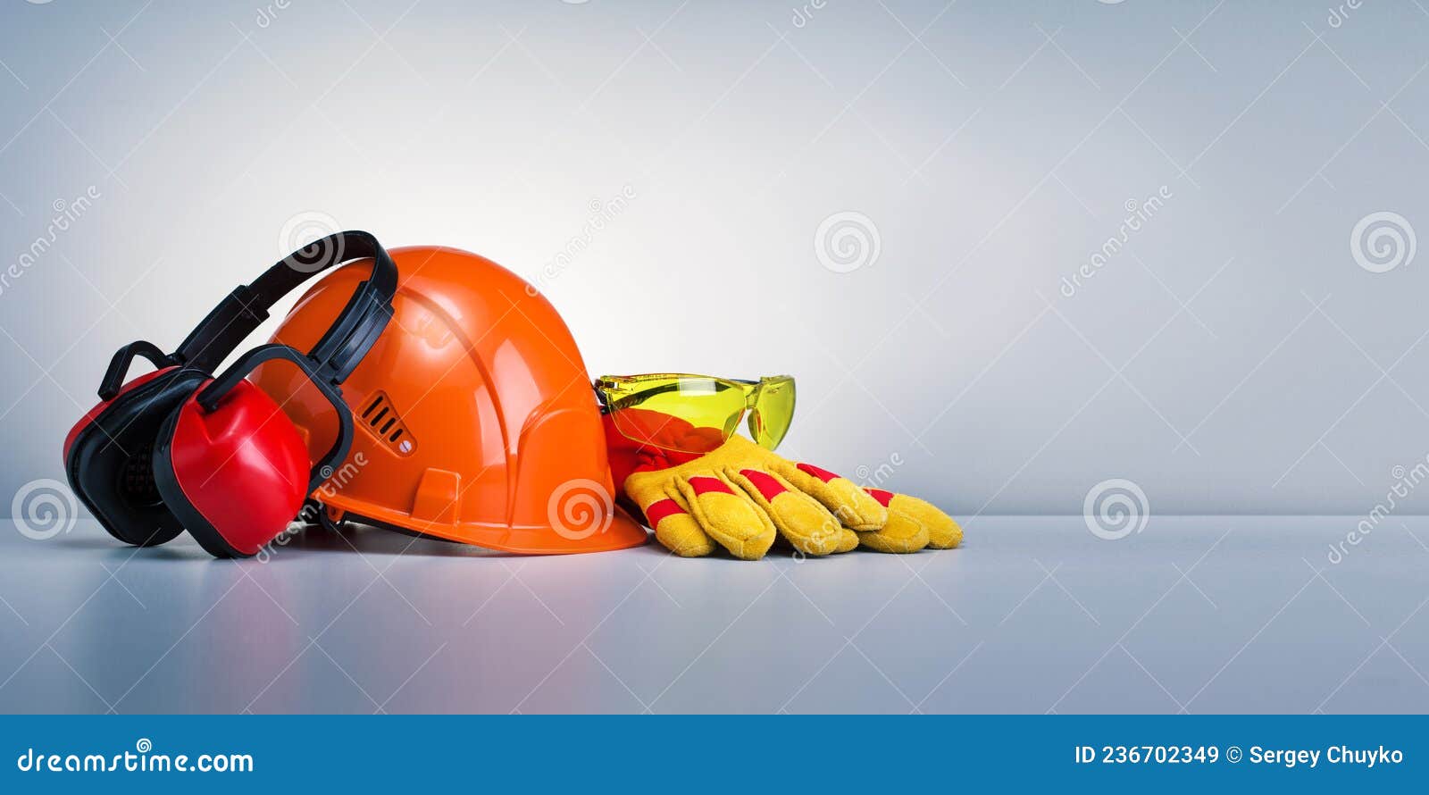 Work Safety Protection Equipment on Grey Background with Copy Space ...