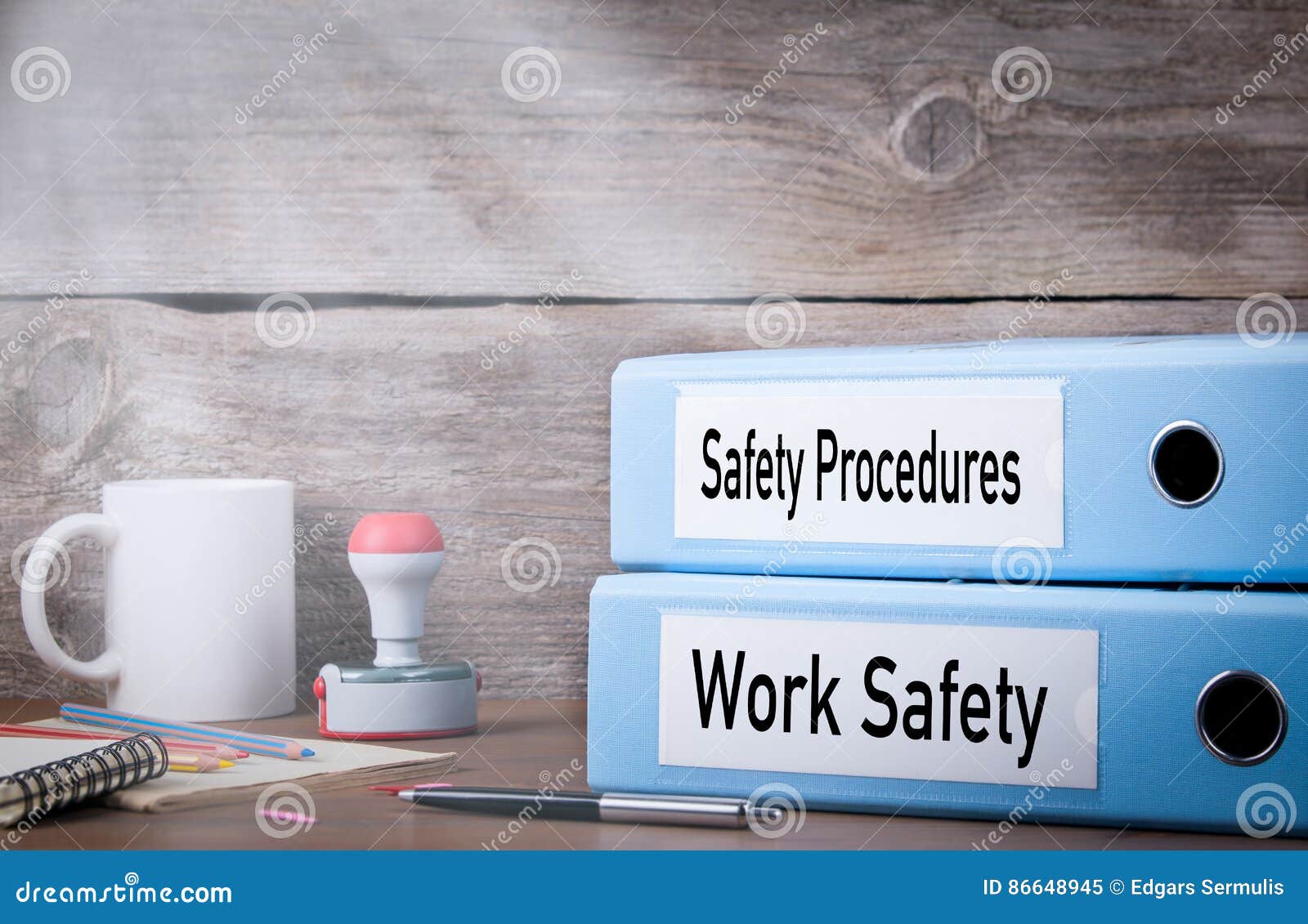 Work Safety and Safety Procedures. Two Binders on Desk in the Office ...