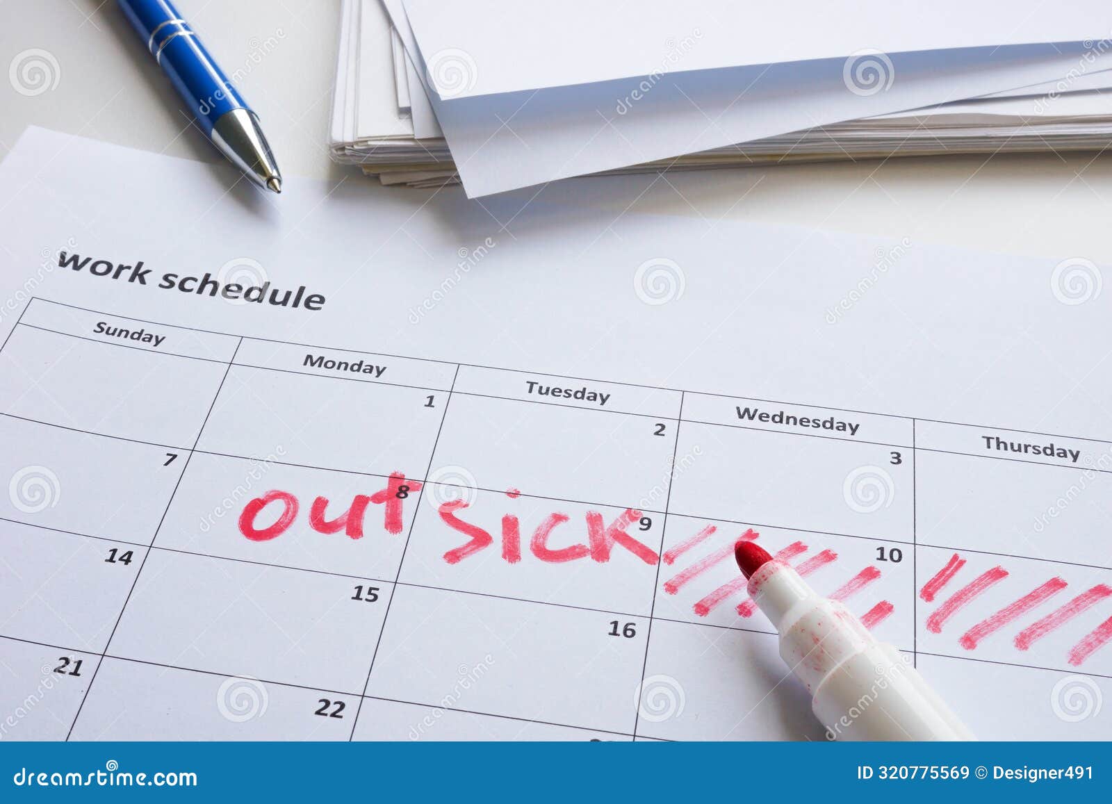 Work Schedule with Mark Out Sick for Leave. Stock Image - Image of ...