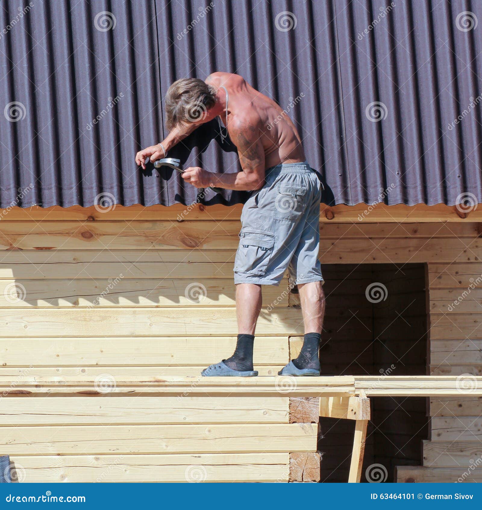 Work Secures the Edge of the Roof. Editorial Photo - Image of cottage ...