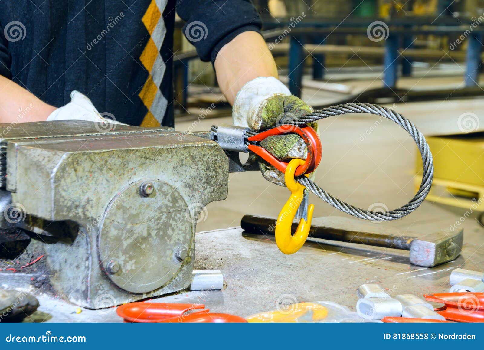Work Sets the Load Hook into the Loop of the Steel Sling. Stock Photo ...