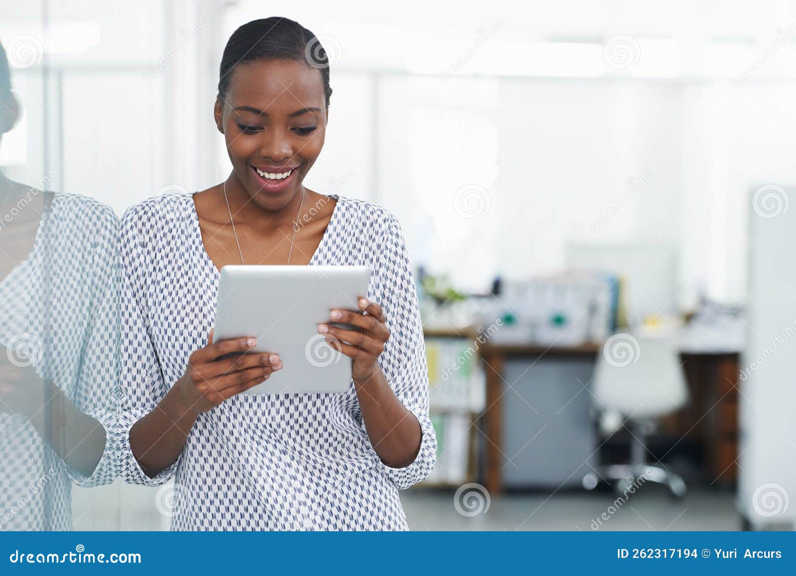 Work Simplified through Technology. a Young Woman Leaning Against a ...