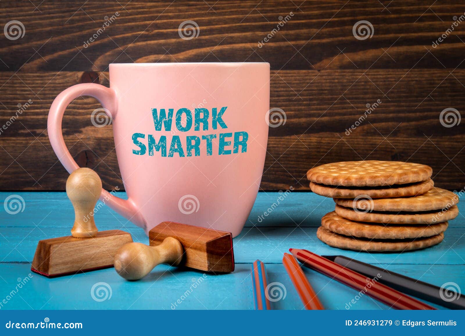 Work Smarter. Coffee Mug with Text on a Blue Office Desk Stock Image ...