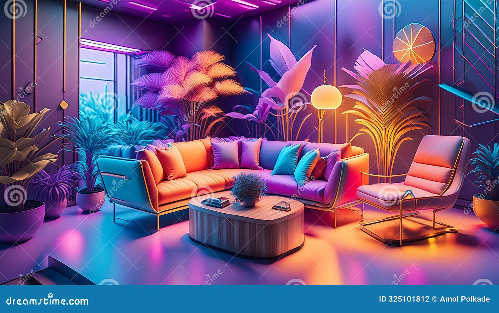 Work Space with Computer and Work Table with Disco Light Stock Photo ...