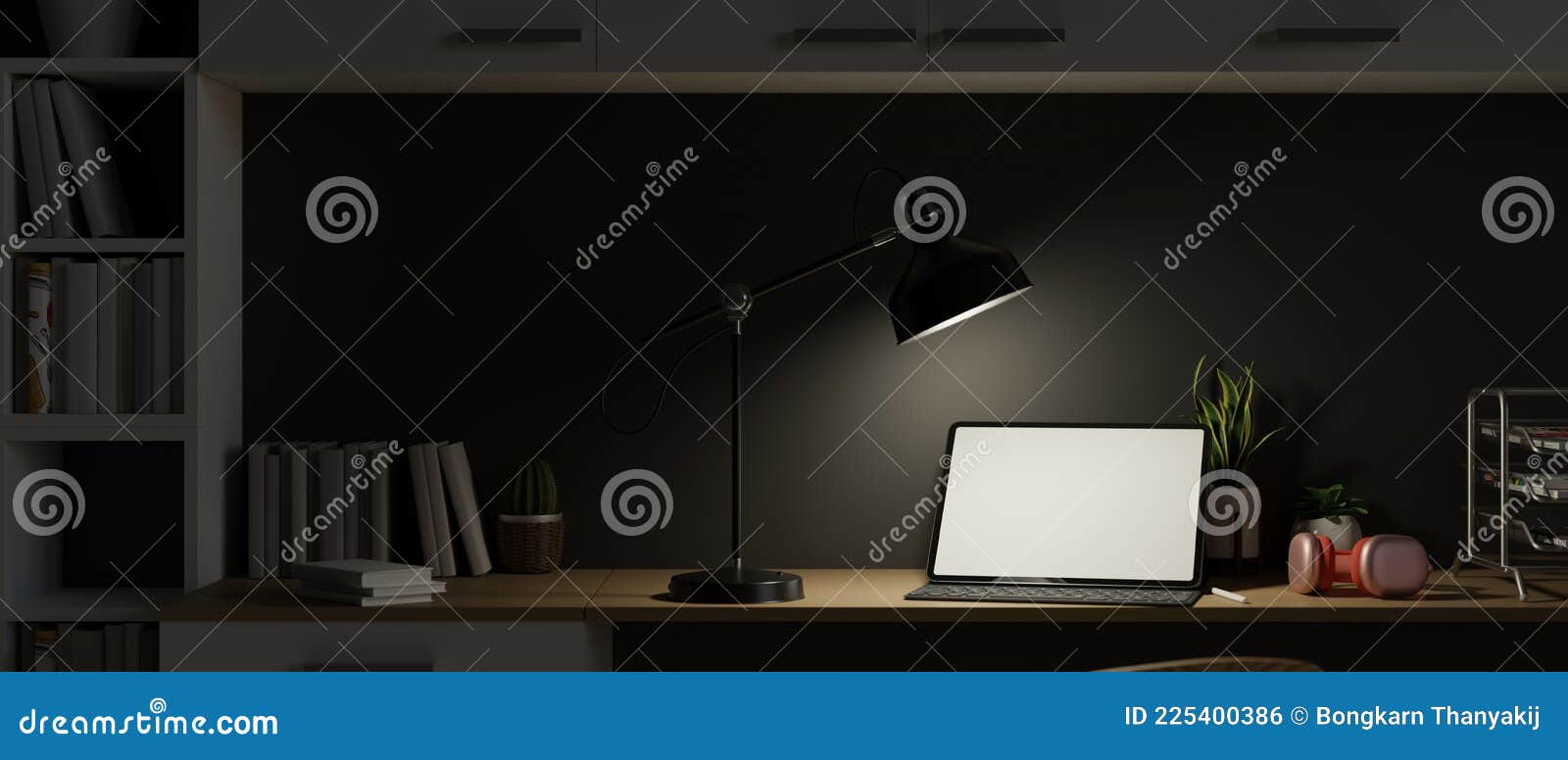 Work Space at Night with Open Laptop and Light from Table Lamp, Late ...
