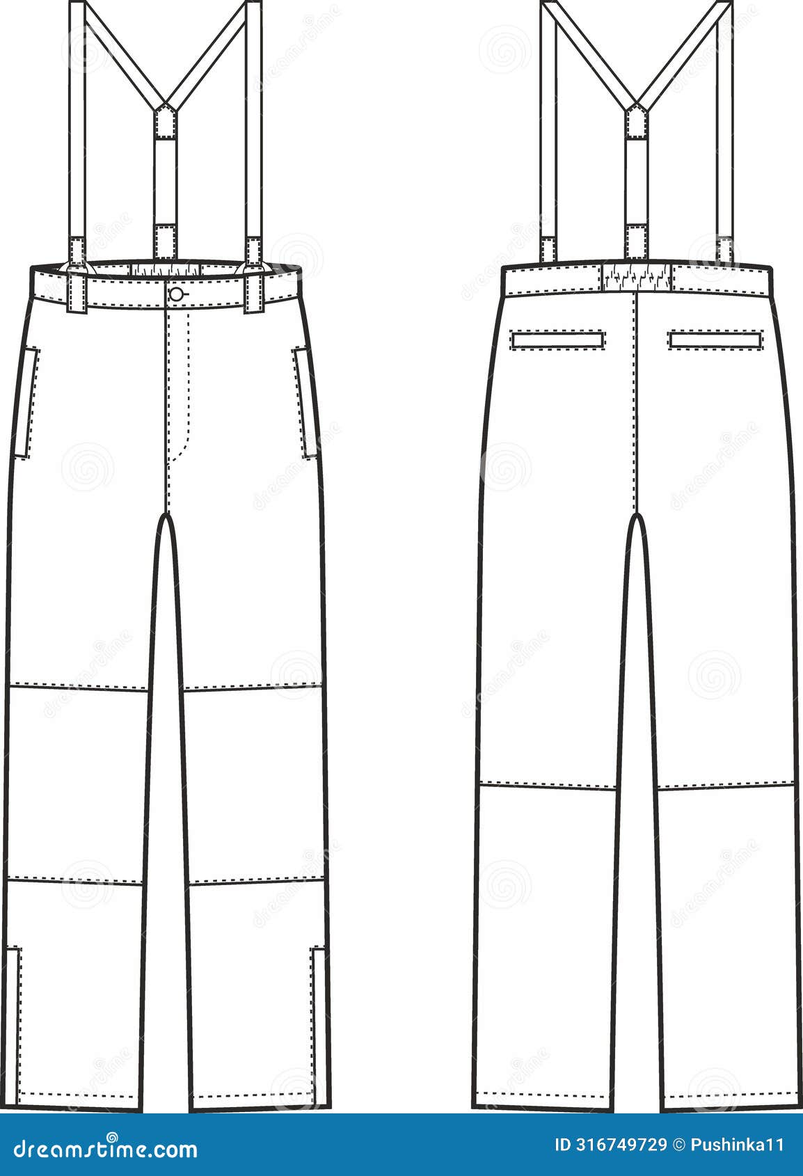Work Suspender Pants Flat Sketch. Working Trousers Apparel Design ...