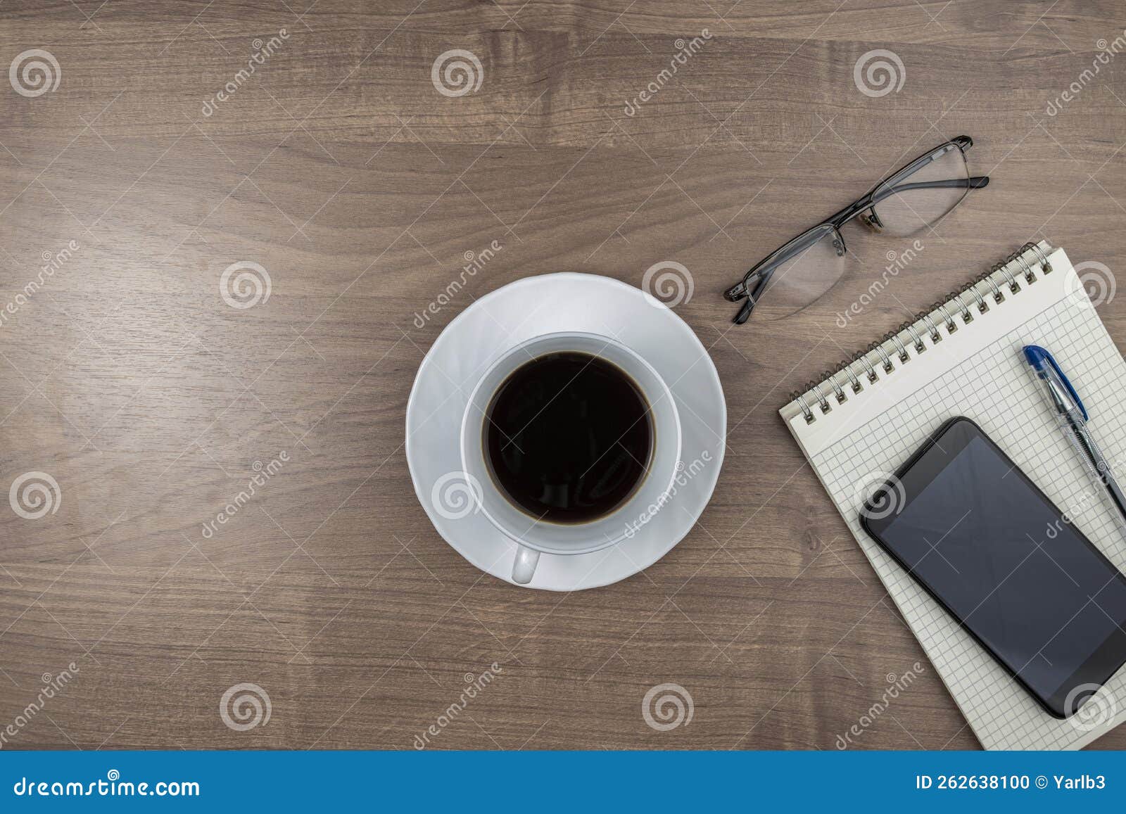 Work Table with a Cup of Coffee and Supplies for Work, Top View, Space ...