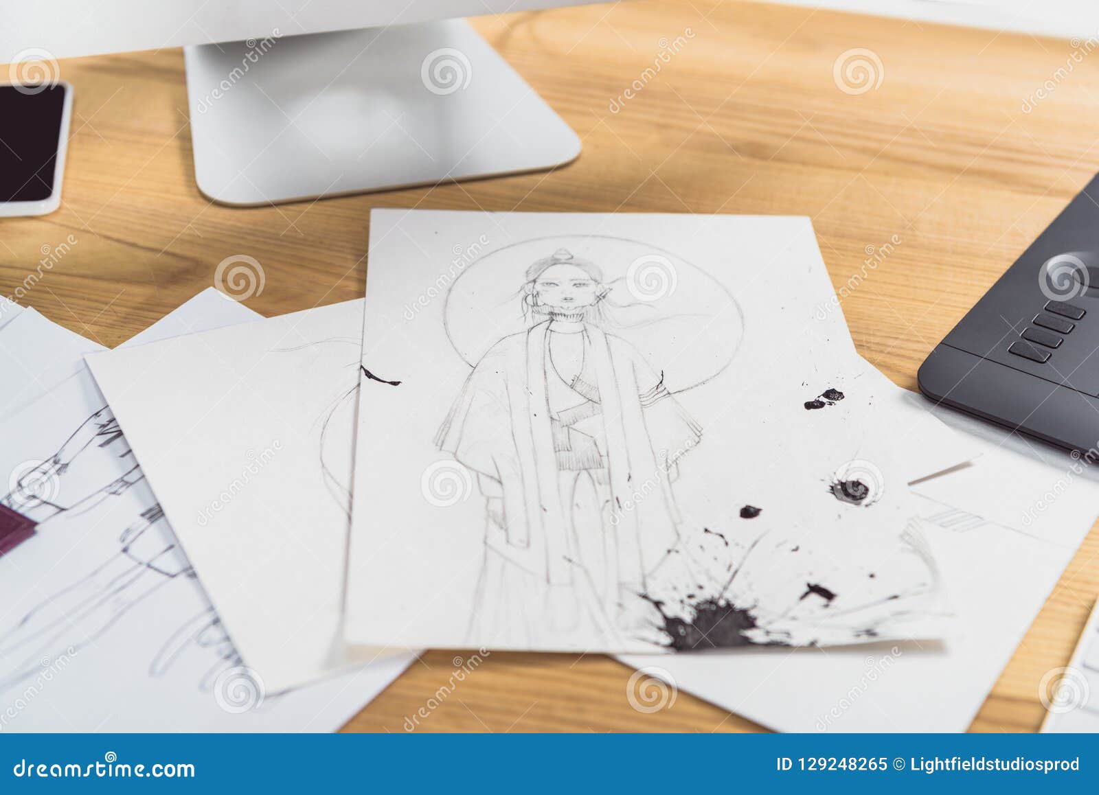 Work Table of Designer with Fashion Illustrations Stock Image - Image ...