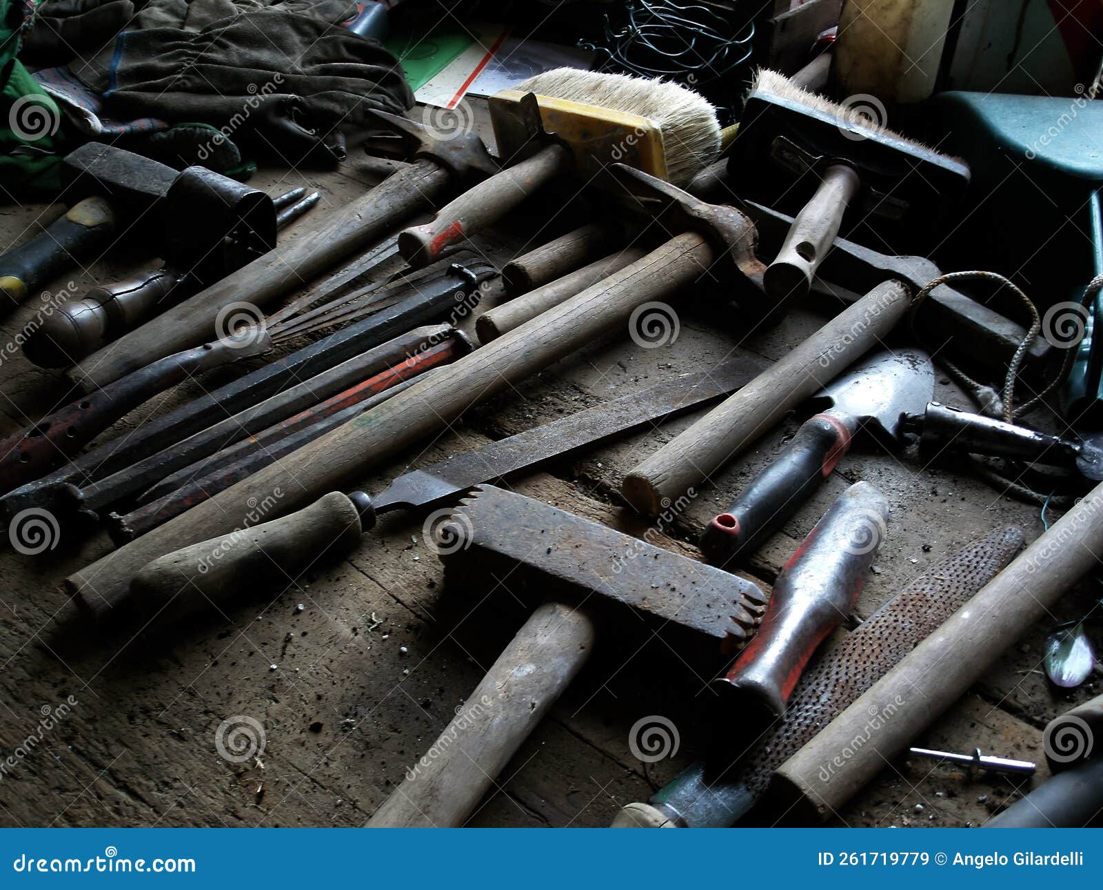 Work Table Full of Tools, Including Hammers, Files, Brushes Etc. Stock ...