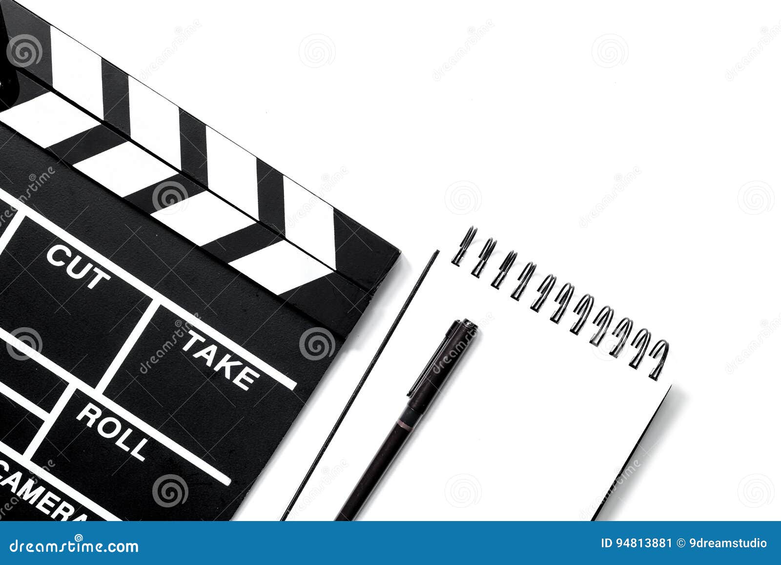 Work Table of Producer. Movie Clapperboard and Notebook on White ...