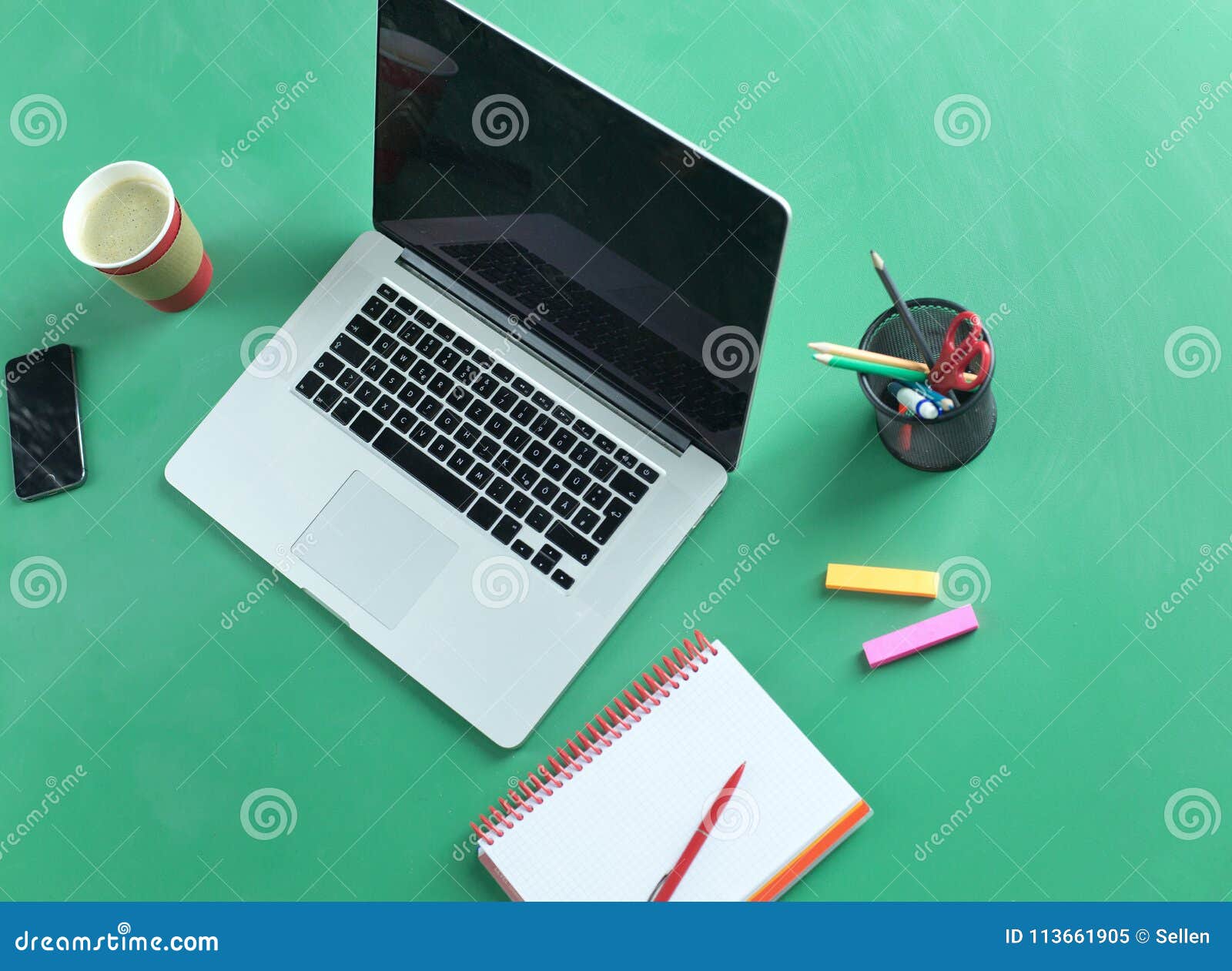 Work Table Space with Laptop Computer , Flat Lay Stock Image - Image of ...