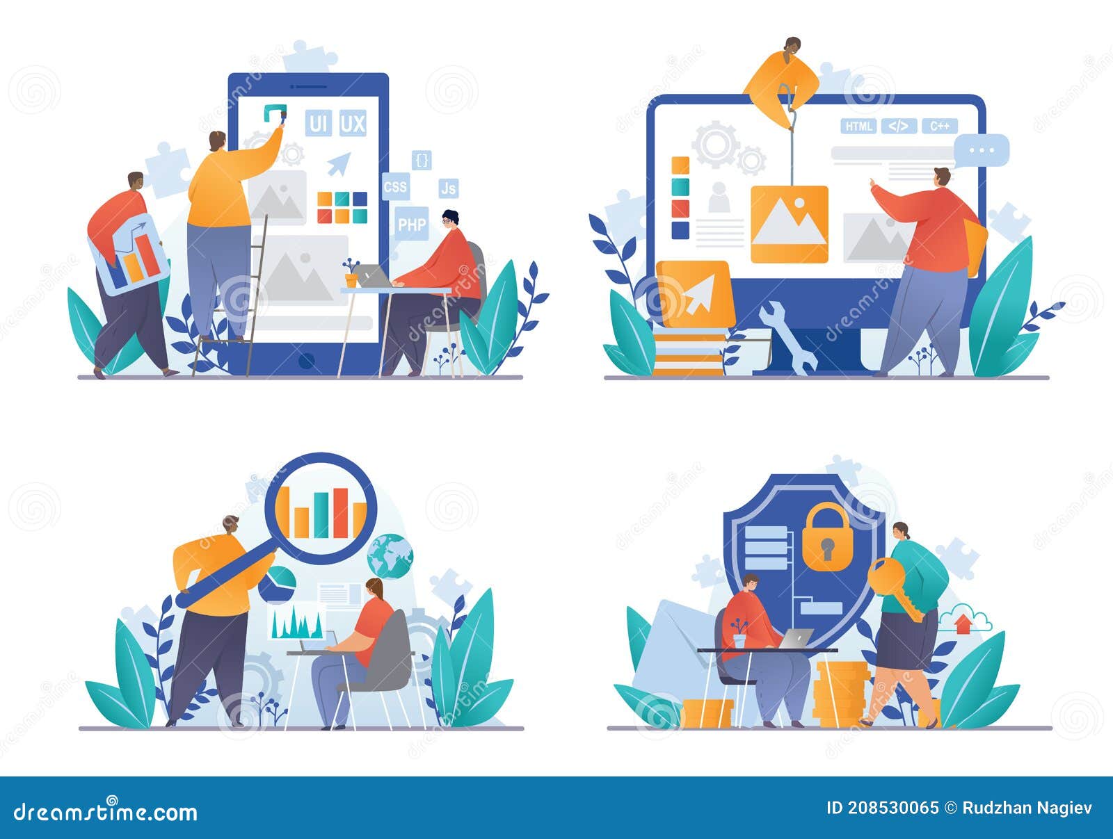 Work of a Team of Web Developers Stock Vector - Illustration of coding ...