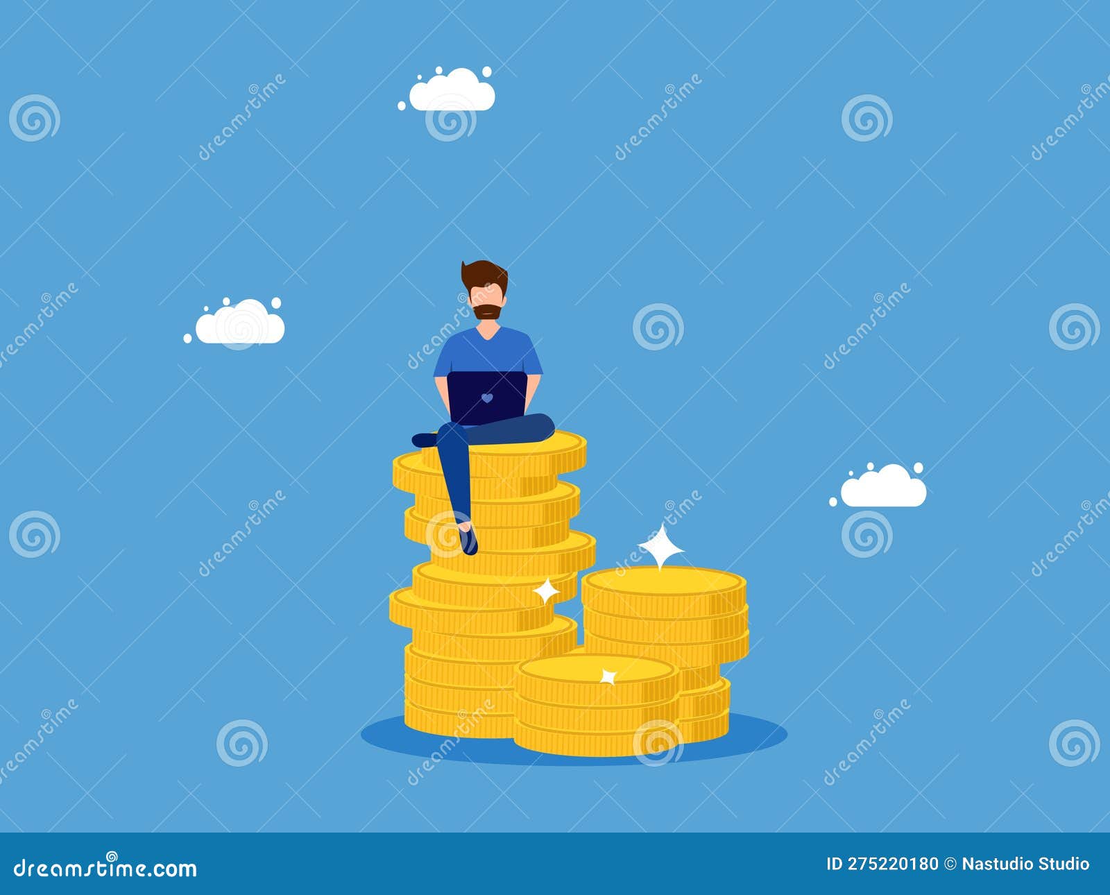 Work To Build Wealth. Man Working with Laptop on Stack of Money Stock ...