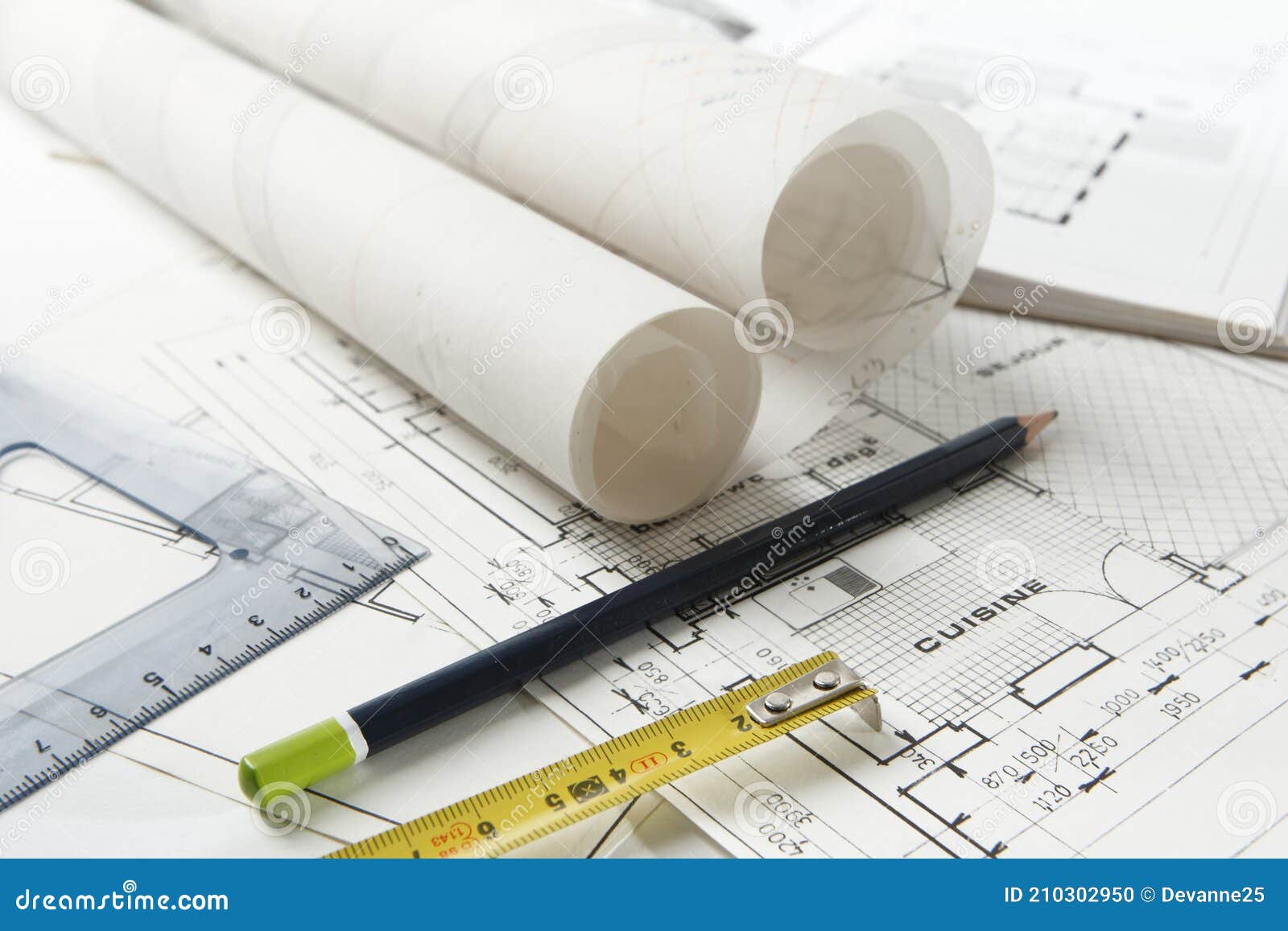 Work Tool Equipment Laid Out on House and Kitchen Construction Plans ...