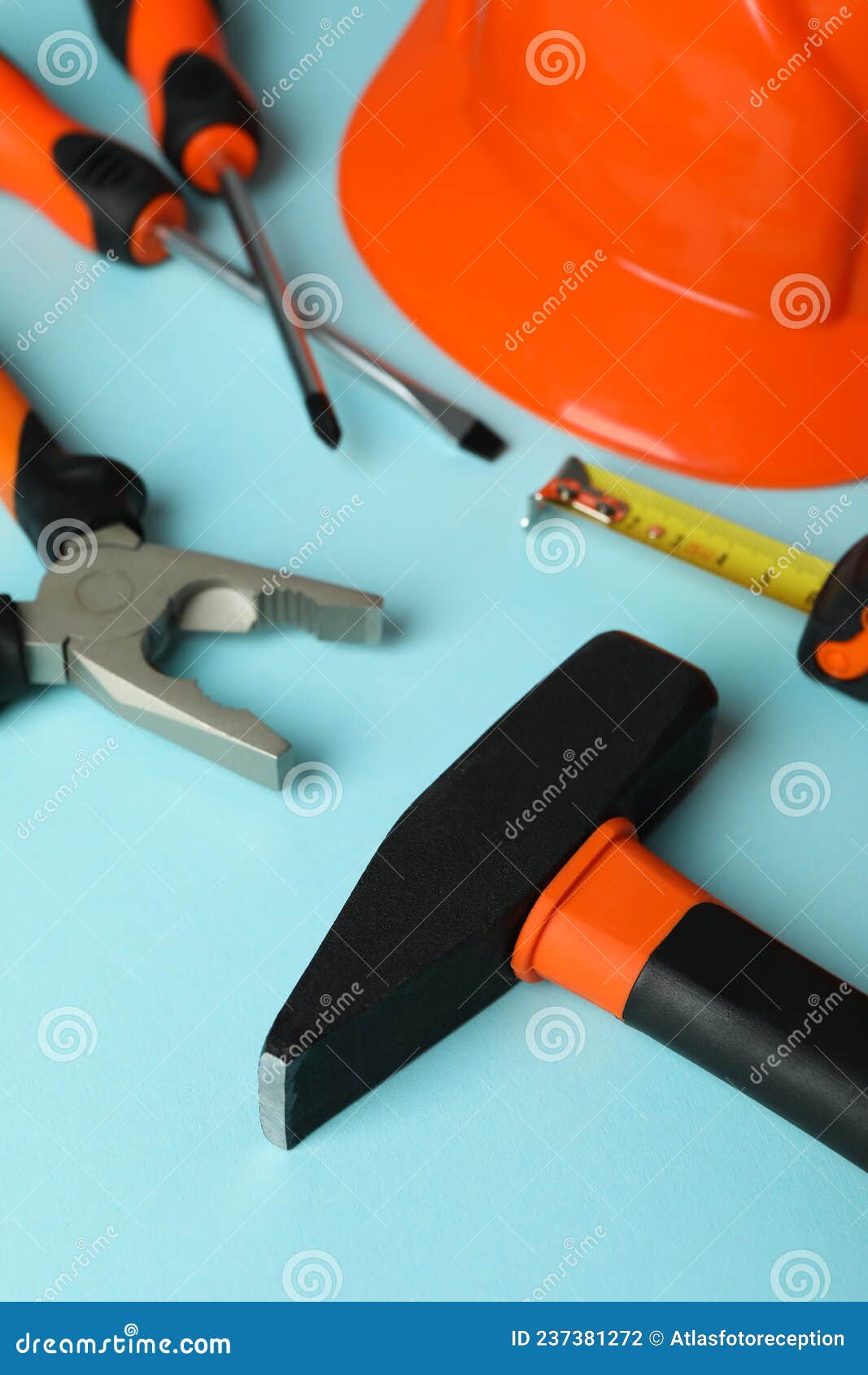 Work Tools on Blue Background, Close Up Stock Photo - Image of ...