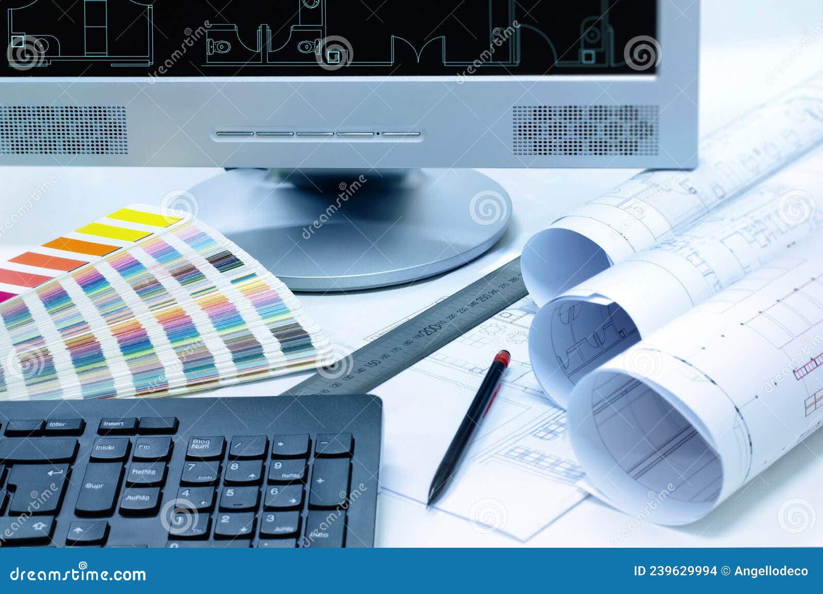 Work Tools and Blueprint of Technical Drawing at the Table of an ...