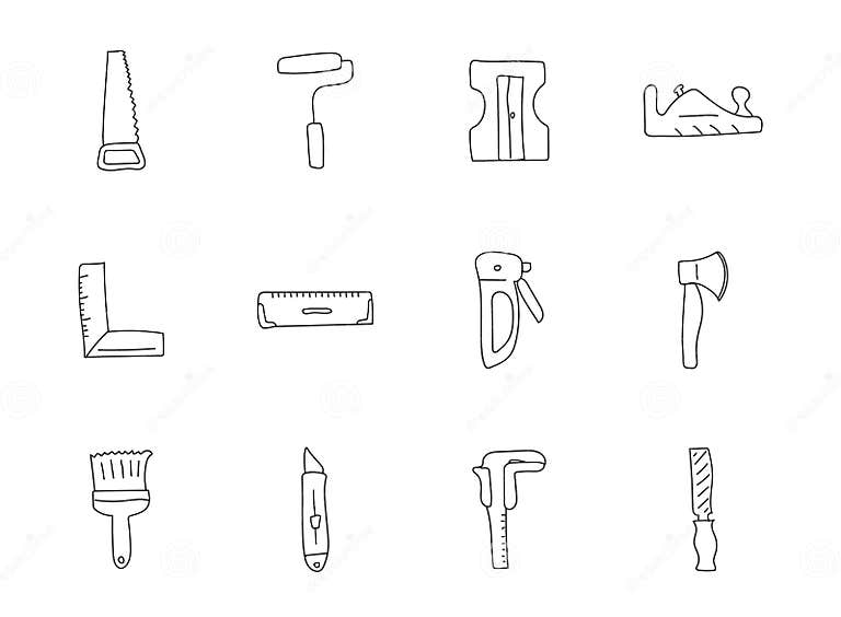 Work Tools Doodles Isolated on White. Stock Vector - Illustration of ...