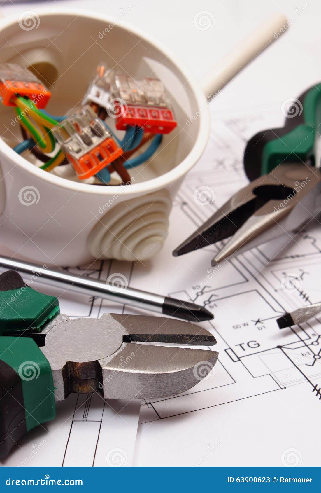 Work Tools and Electrical Box with Cables on Construction Drawing of ...