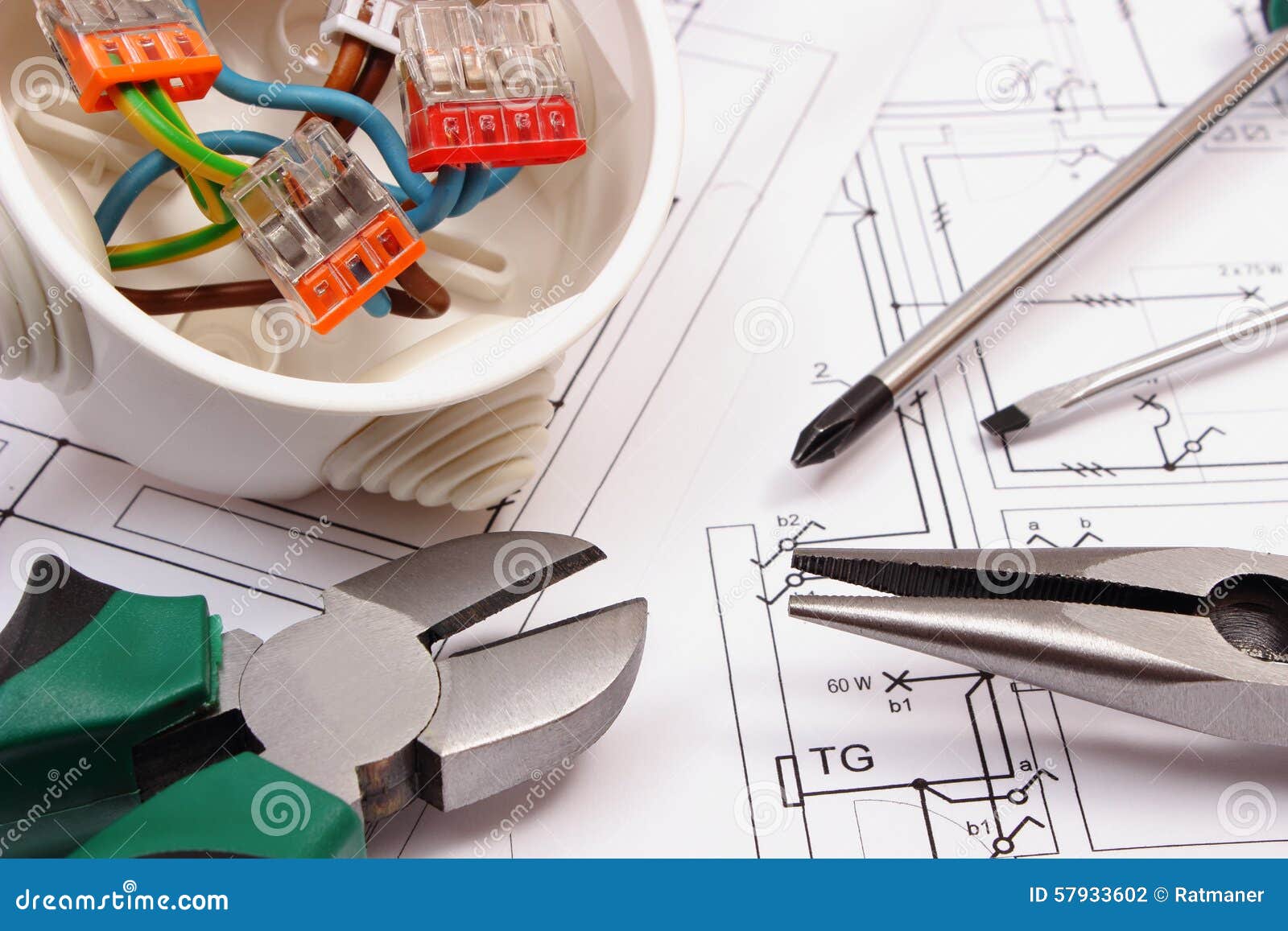 Work Tools and Electrical Box with Cables on Construction Drawing of ...