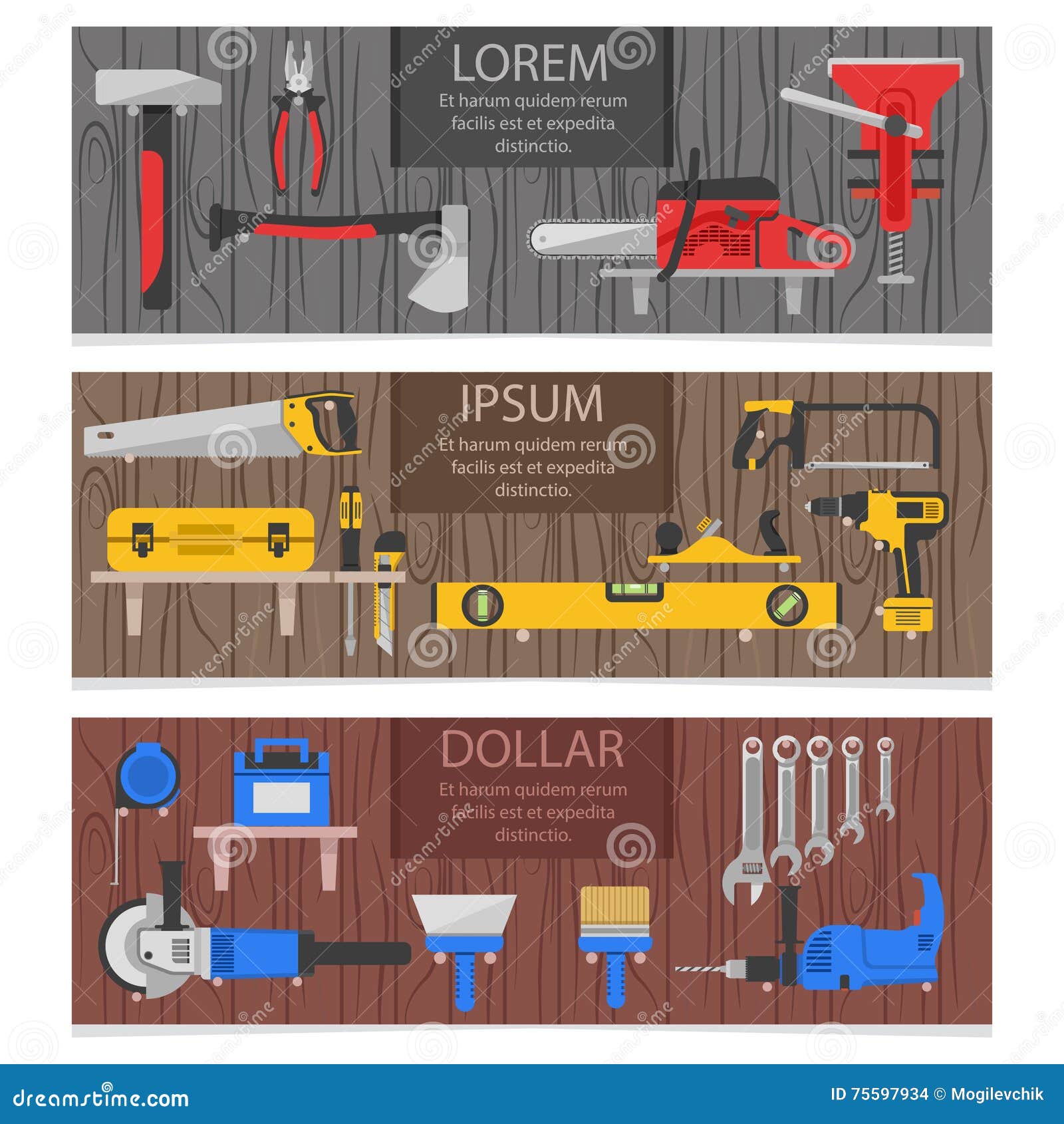 Work Tools Horizontal Banners Set Stock Vector - Illustration of fixing ...