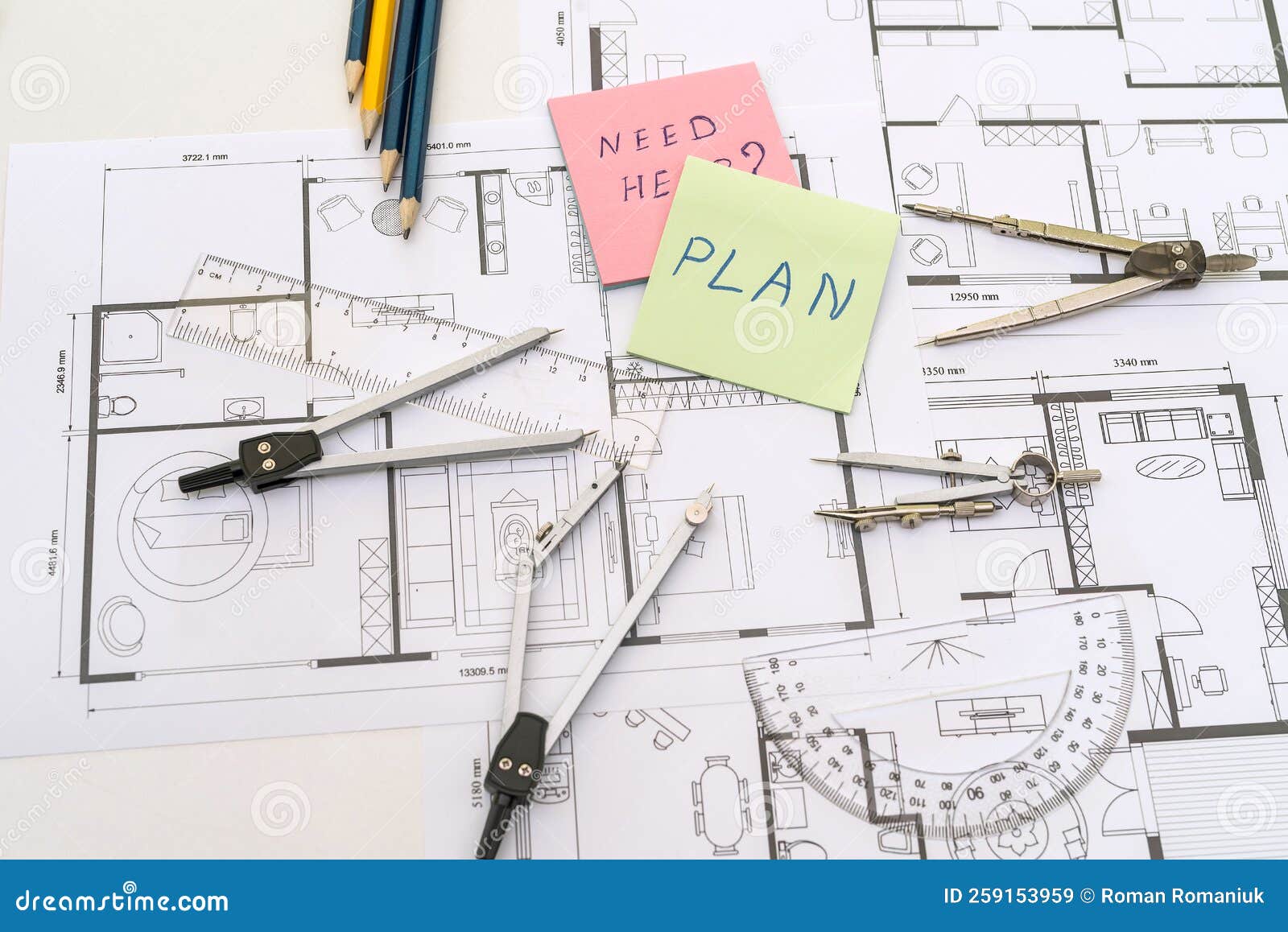 Work Tools with Memo Heen Help on House Plan Blueprint Stock Image ...