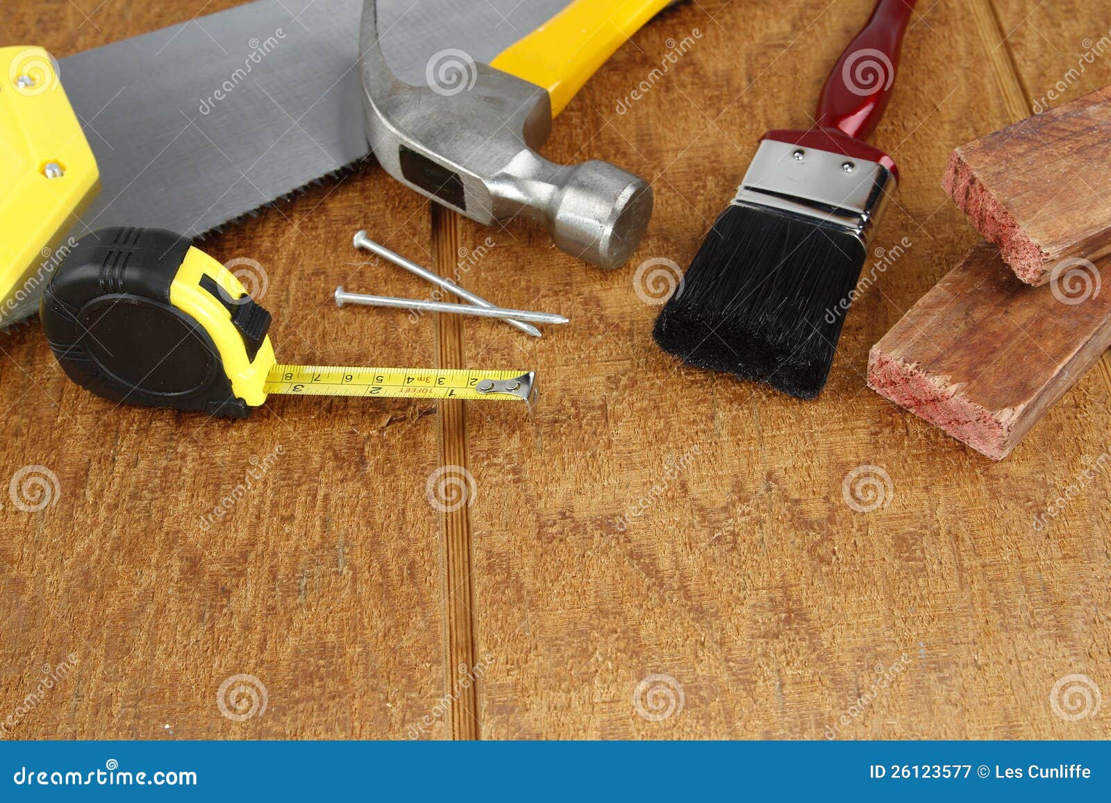 Work tools on wood stock image. Image of hammer, close - 26123577