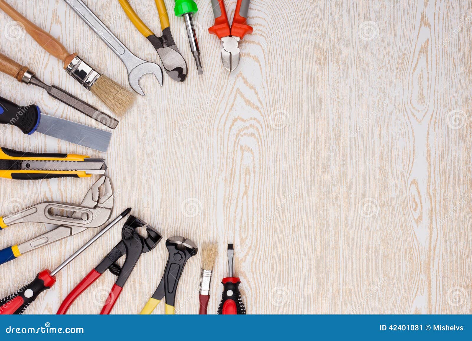Work Tools on Wooden Texture. Stock Image - Image of metal, plastic ...