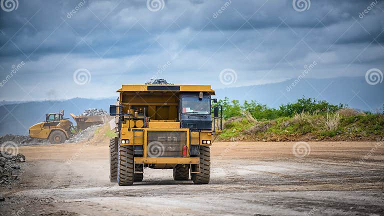 Work of Trucks and the Excavator in an Open Pit on Gold Mining ...