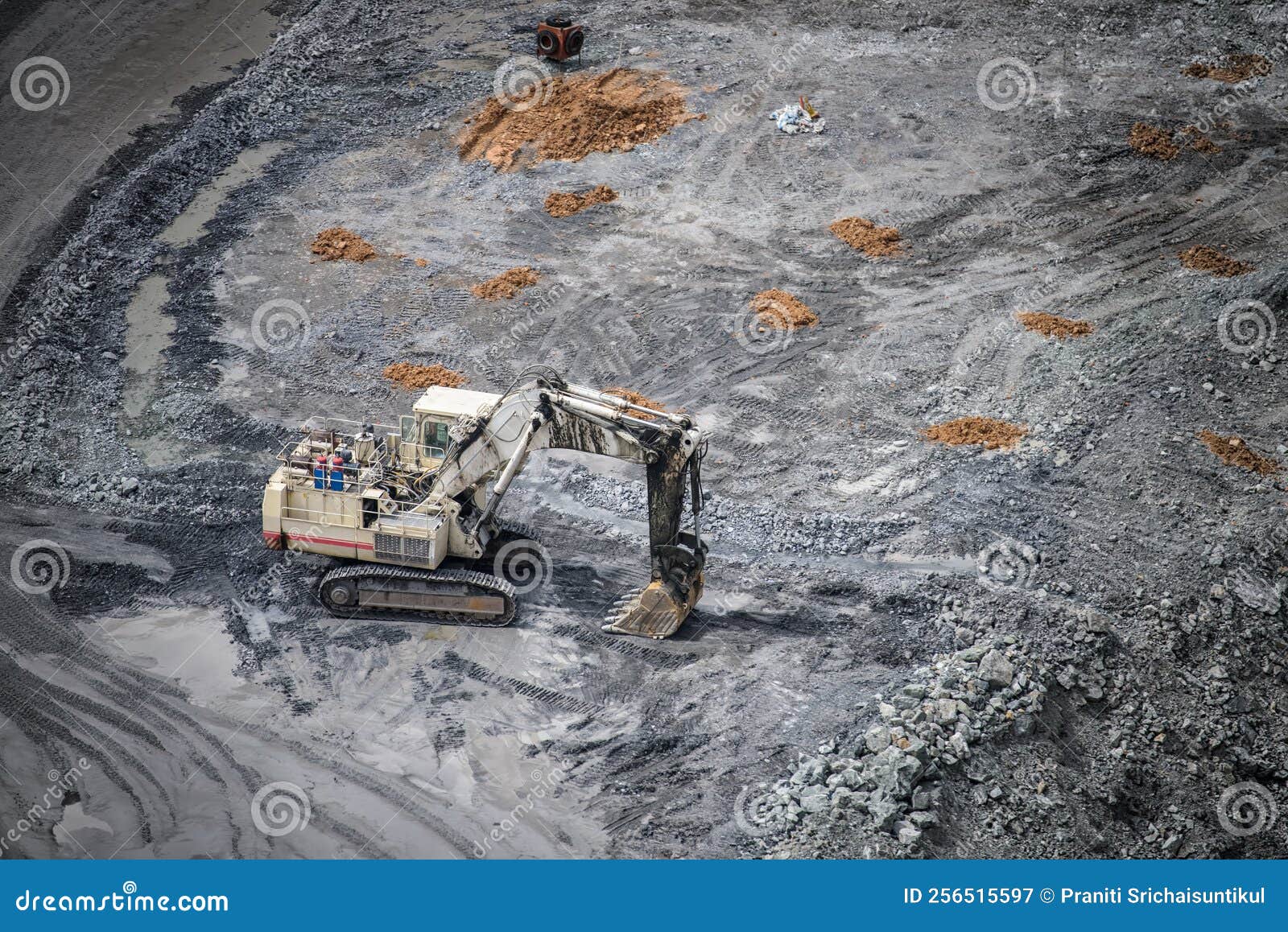Work of Trucks and the Excavator in an Open Pit on Gold Mining Stock ...