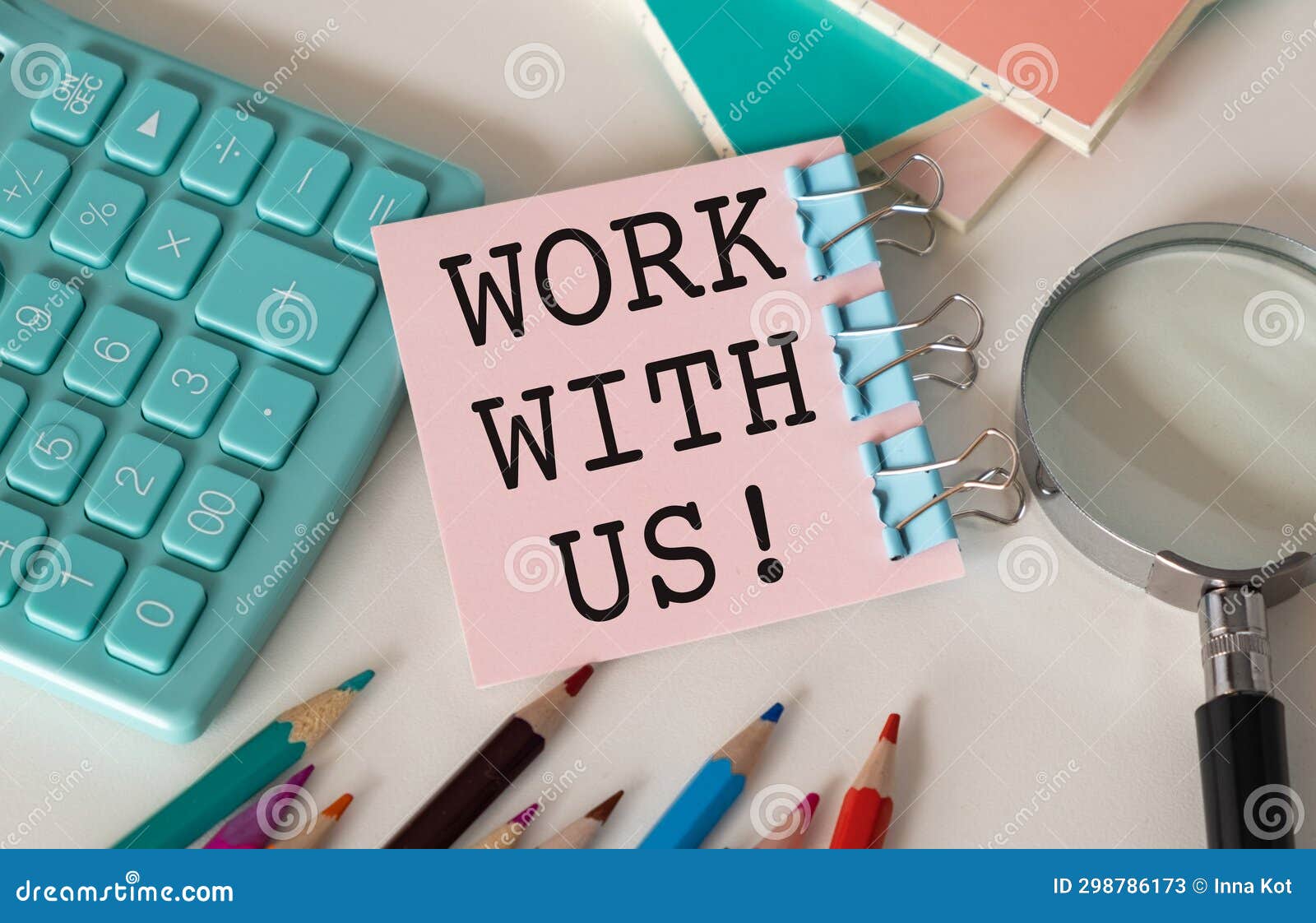 Work with Us Text on a Notebook Close-up on Blue Background. Stock ...
