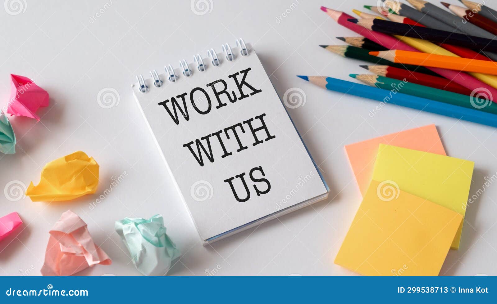 Work with Us Text on a Notebook Close-up on Blue Background. Stock ...