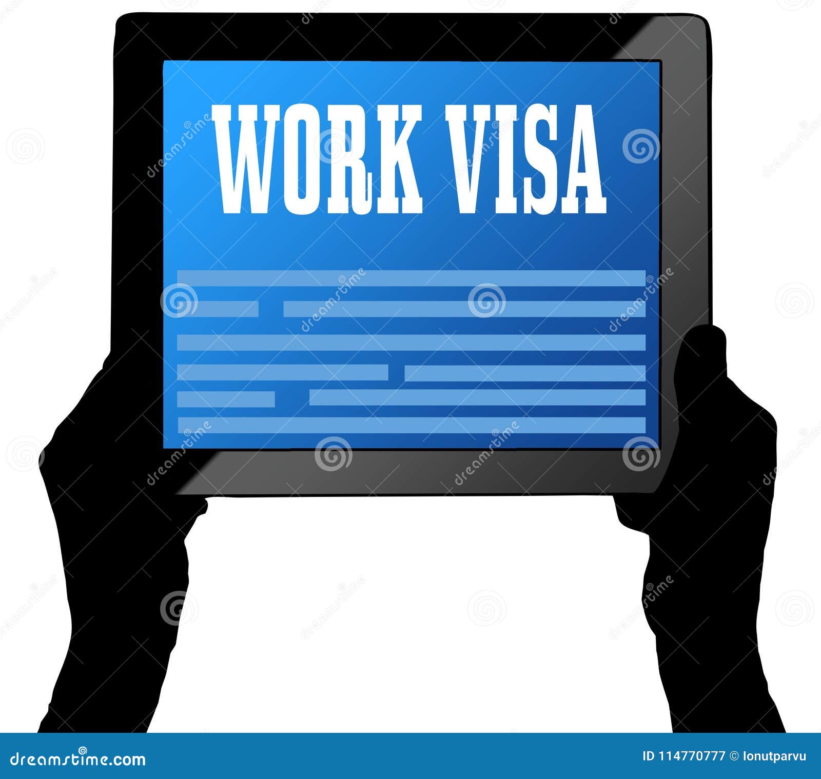 WORK VISA on Tablet Screen, Held by Two Hands. Stock Illustration ...