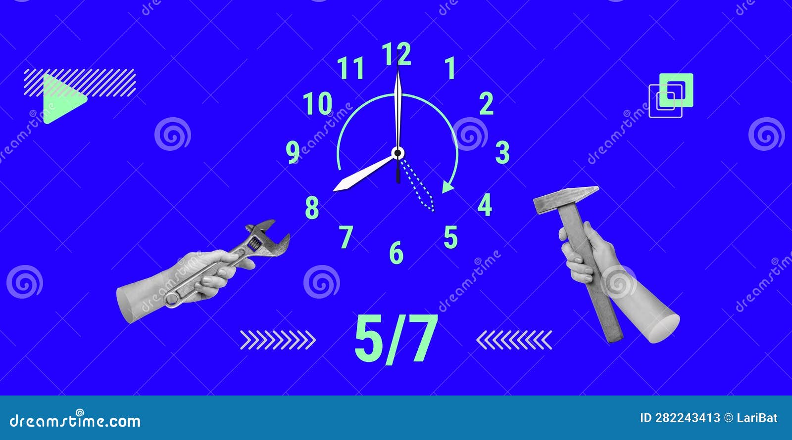 Work Week, Working 5 Days a Week, at a Certain Time. Hands with Tools ...