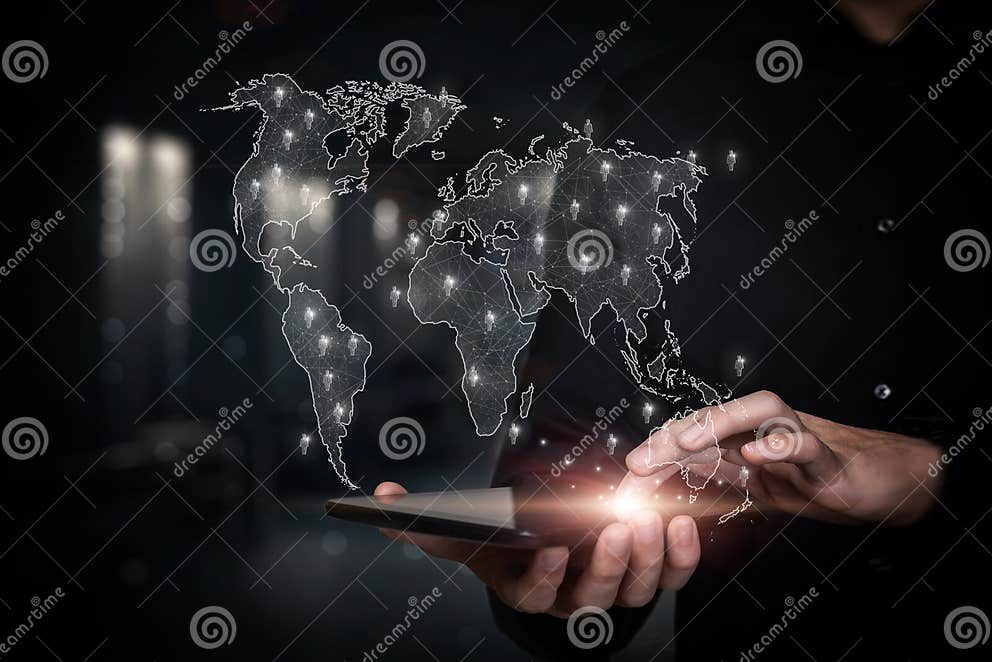 Work on World Map with Workers Using Mobile Devices Stock Image - Image ...